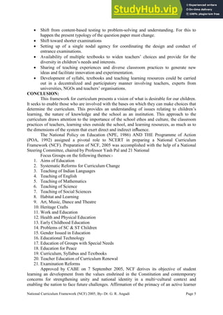 A Brief Note On National Curriculum Framework (NCF) 2005 | PDF