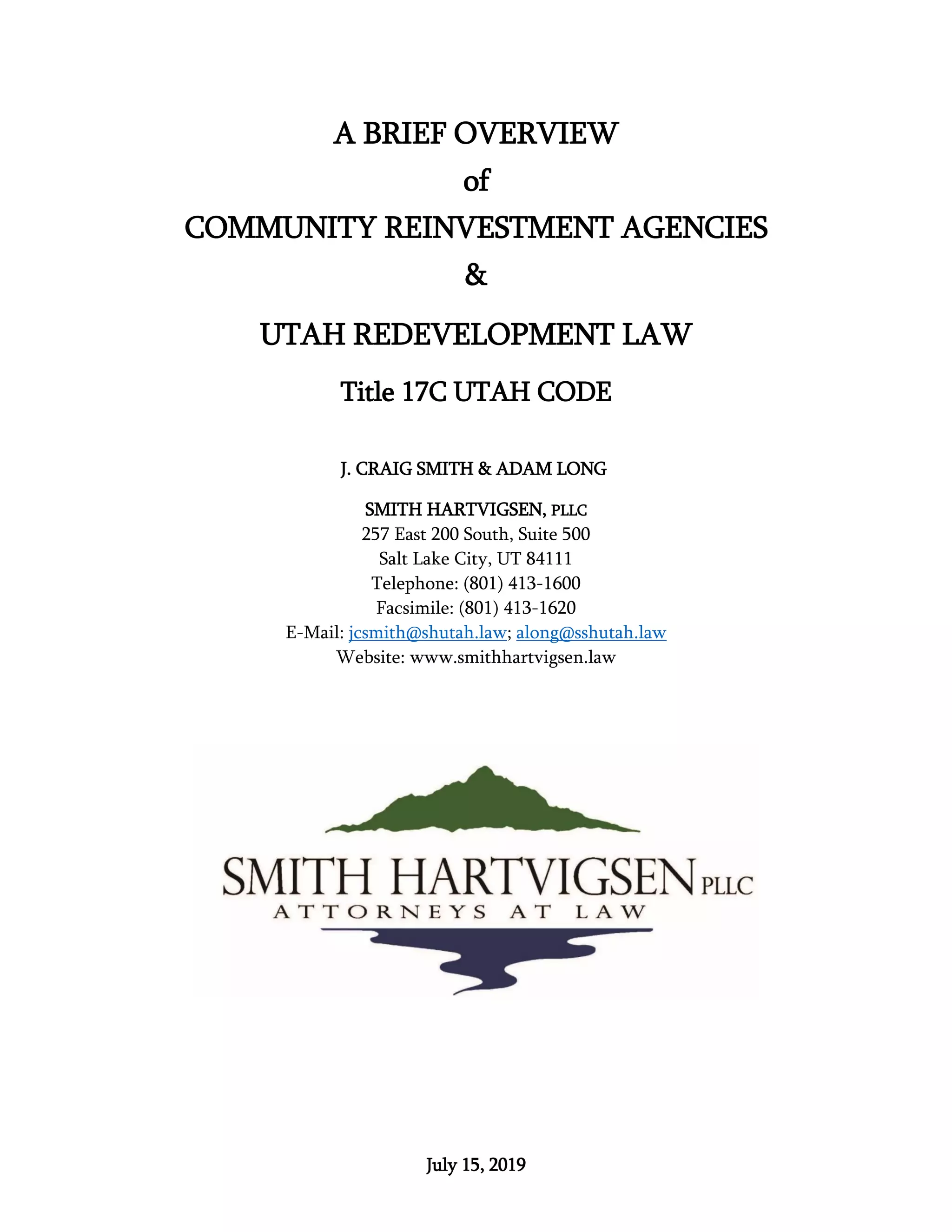 A brief overview of community reinvestment agencies and utah redevelopment law (2019 07-18) | PDF