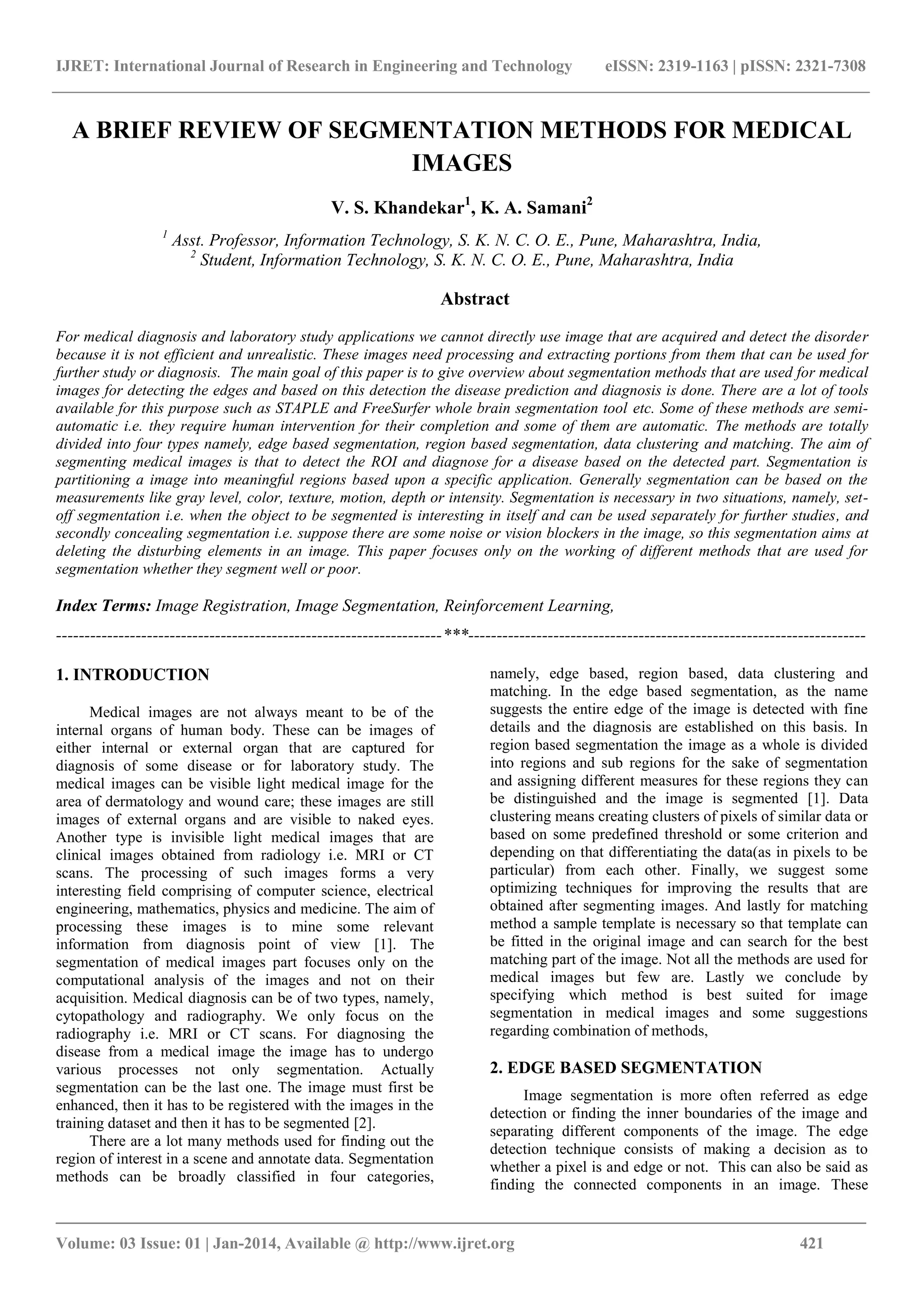 A brief review of segmentation methods for medical images | PDF