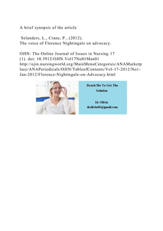 A brief synopsis of the article Selanders, L., Crane, P., (2012.docx ...