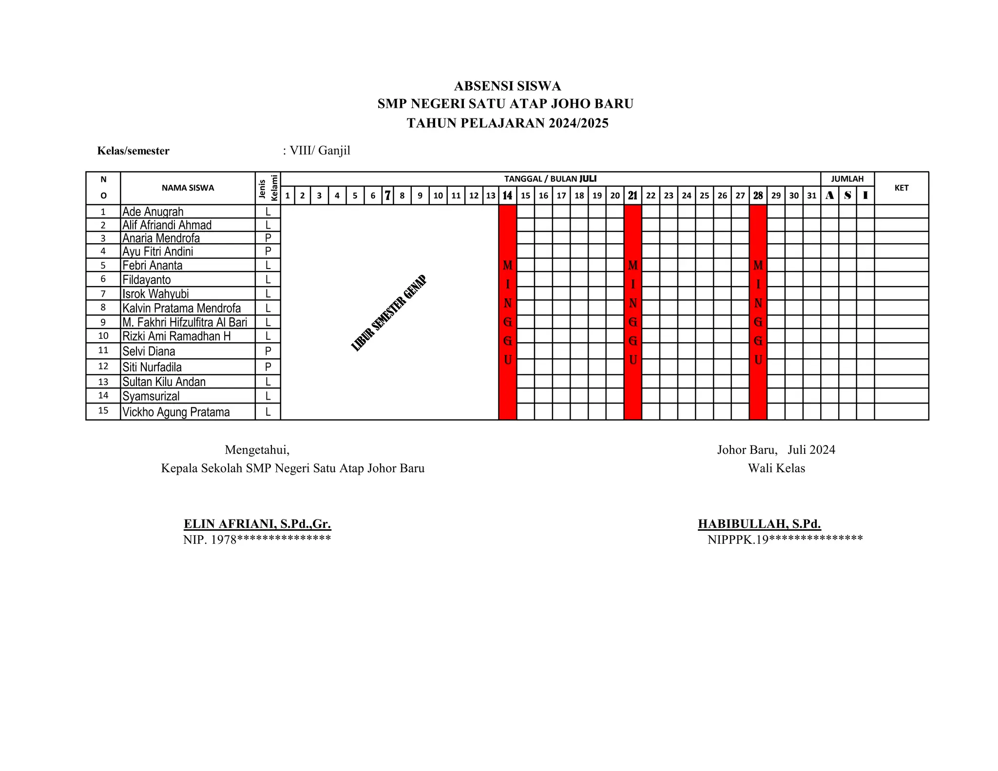 Contoh Format Daftar Hadir Peserta didik | PDF