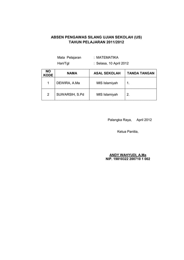Absen pengawas silang ujian nasional | PDF