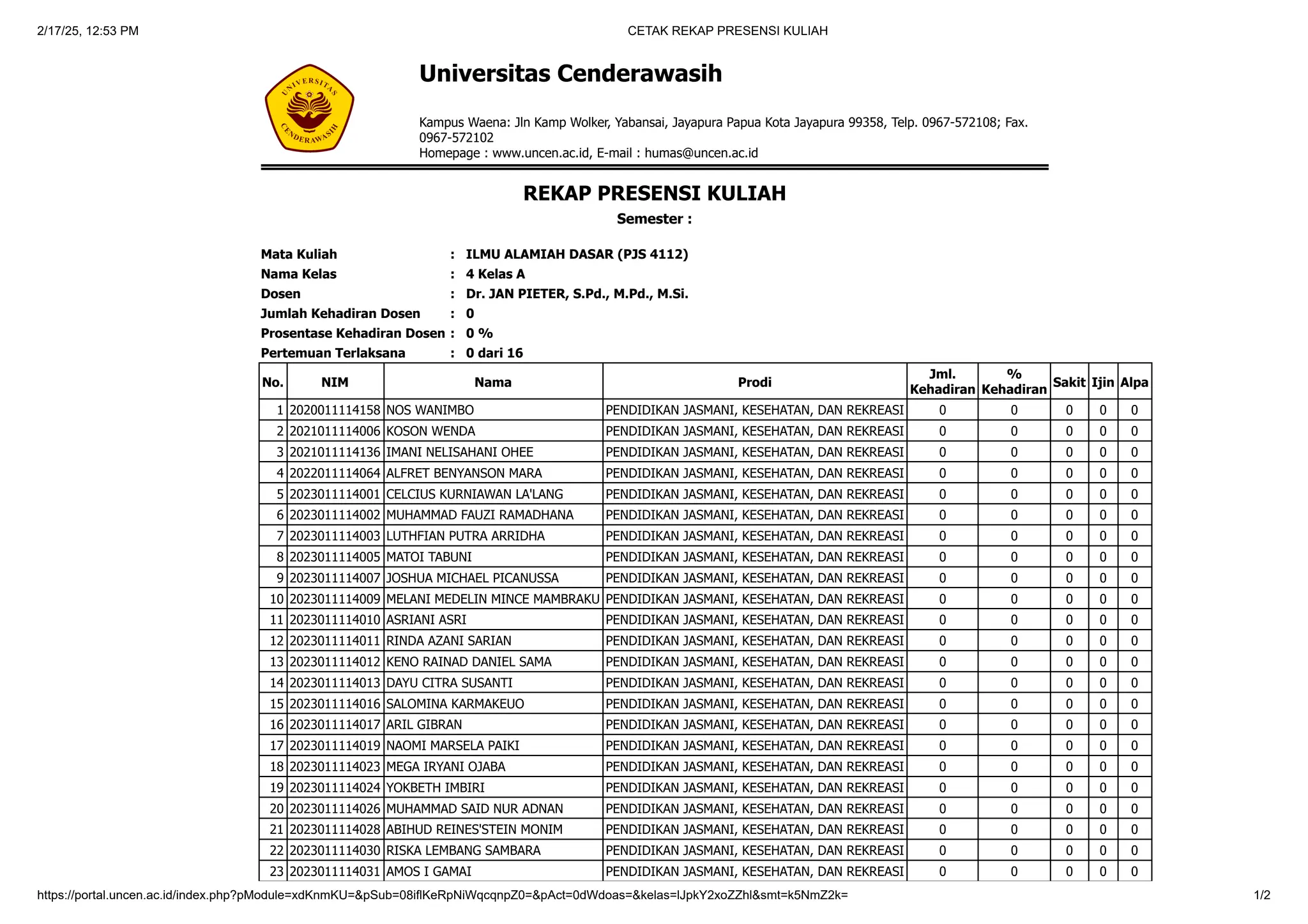 Absensi Ilmu Alamiah Dasar bagi mahasiswa kelas A | PDF