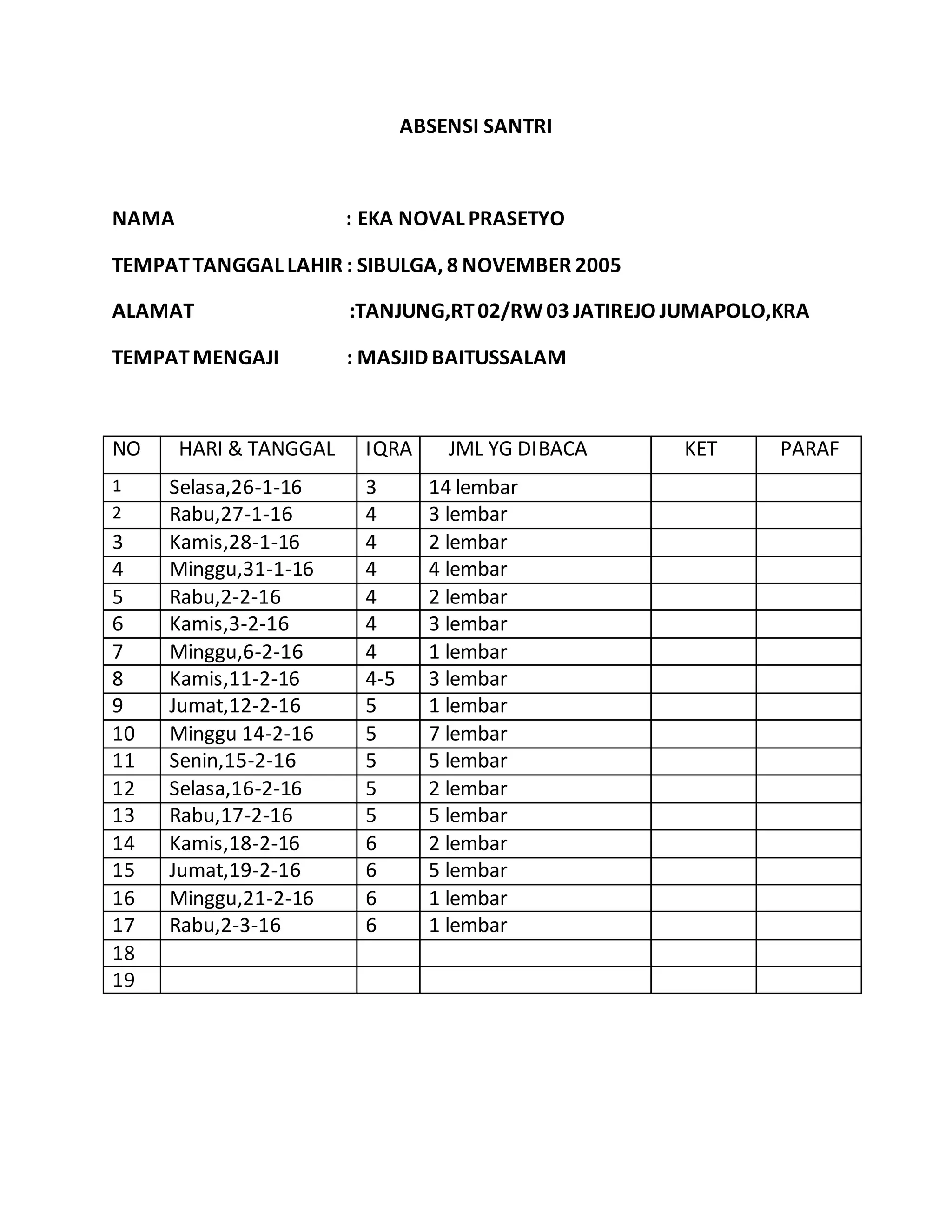 Absensi santri | DOCX