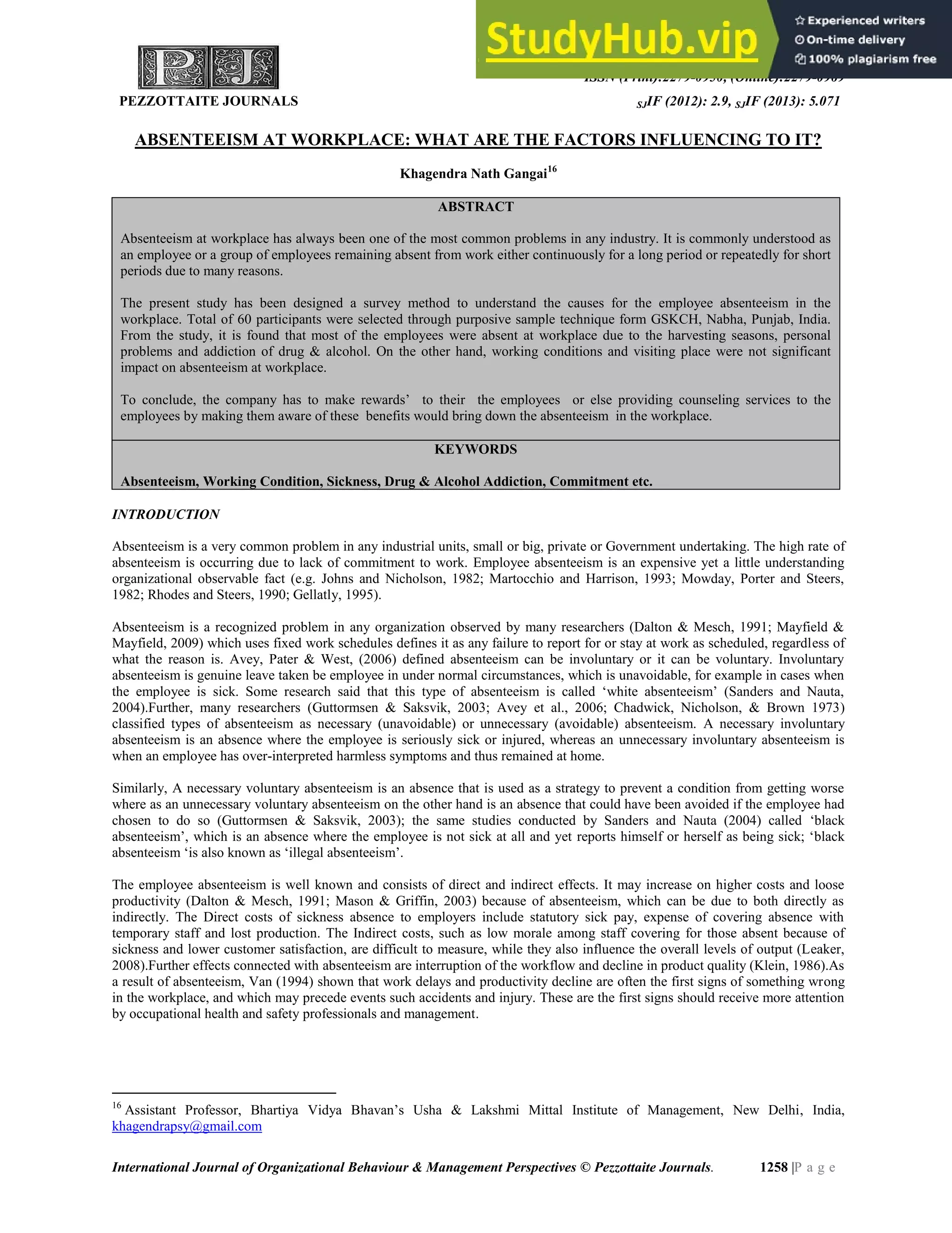 ABSENTEEISM AT WORKPLACE WHAT ARE THE FACTORS INFLUENCING TO IT | PDF