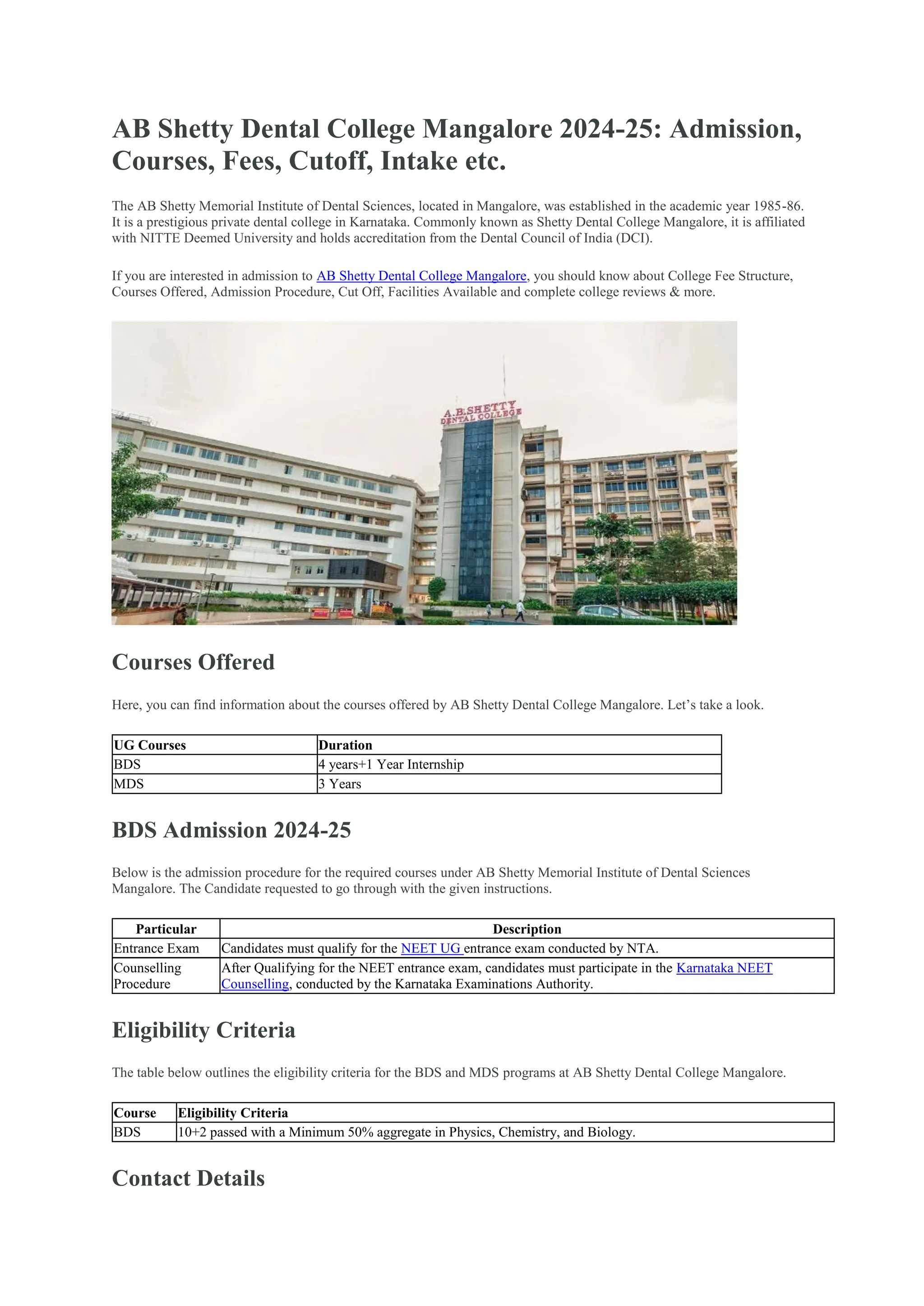 AB Shetty Dental College Mangalore 2024-25 | PDF