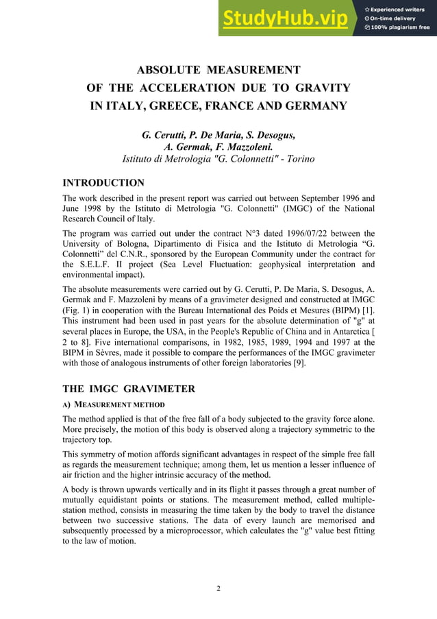 Absolute Measurement Of The Acceleration Due To Gravity In Greece | PDF