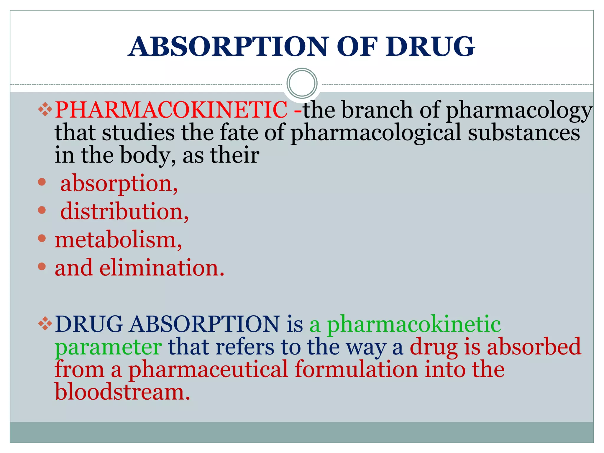 ABSORPTION OF DRUGS - GENERAL PHARMACOLOGY | PPTX