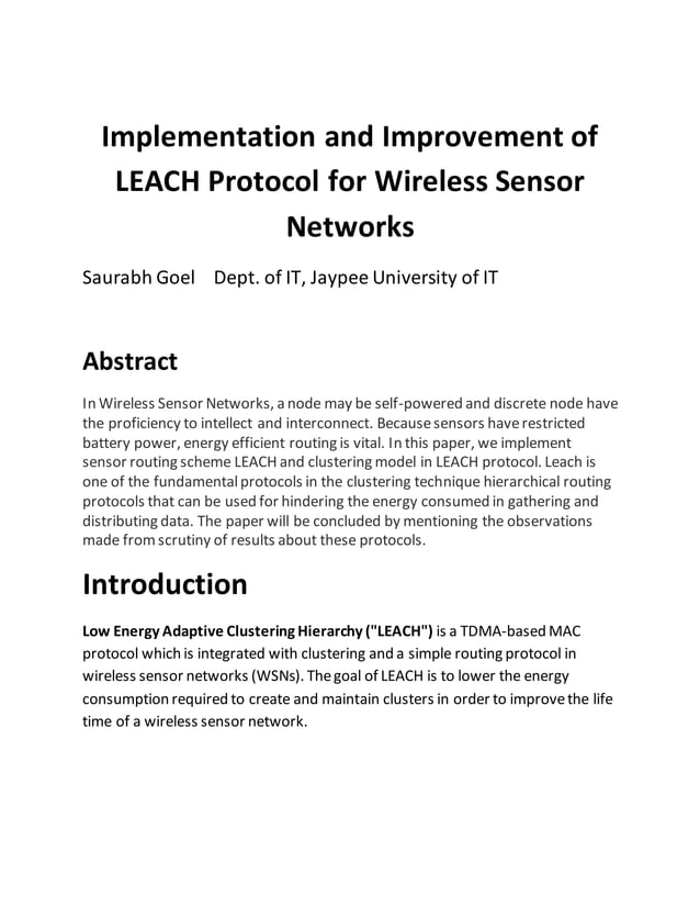 Abstract on Implementation of LEACH Protocol for WSN | DOCX