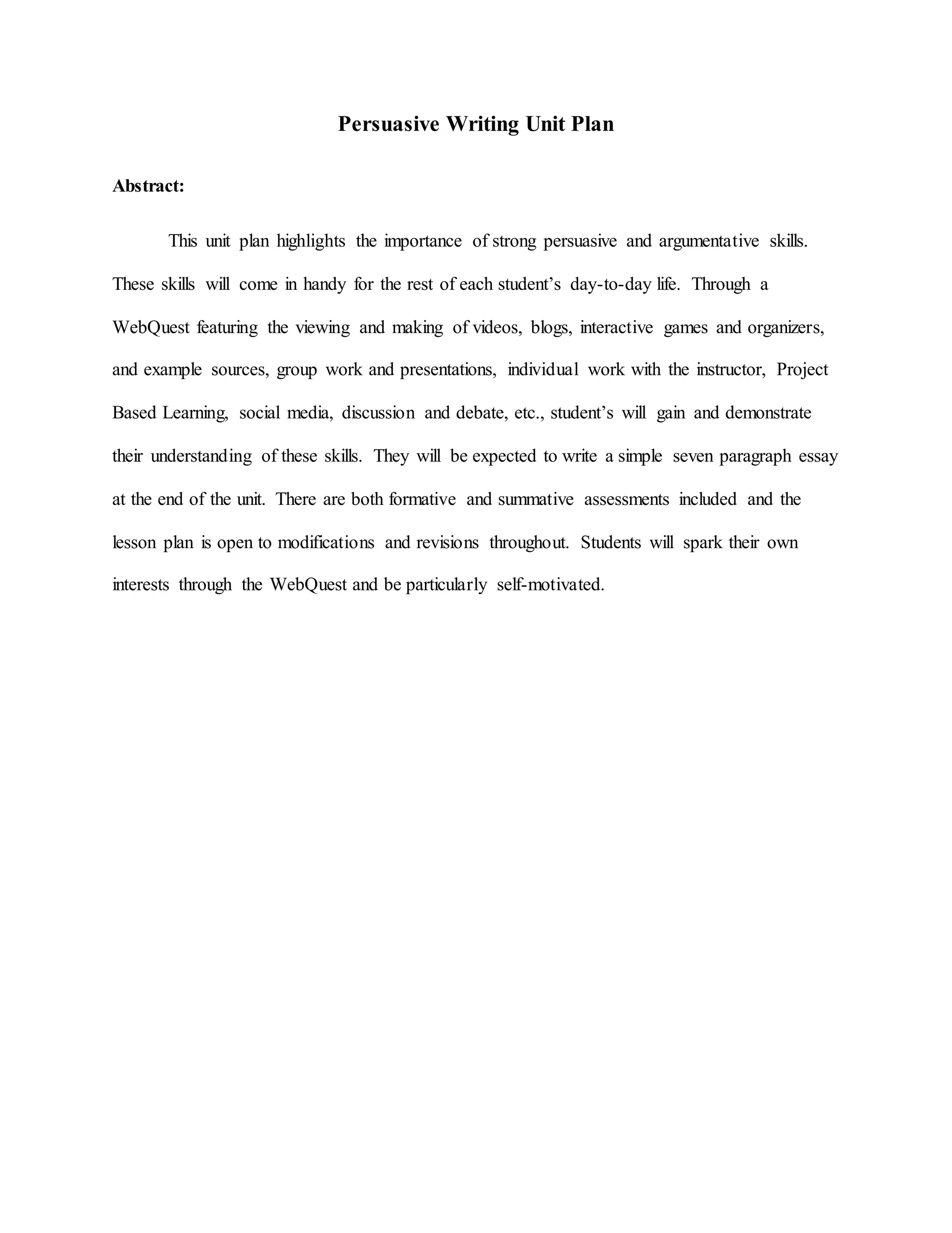 Abstract persuasive writing unit plan | DOCX
