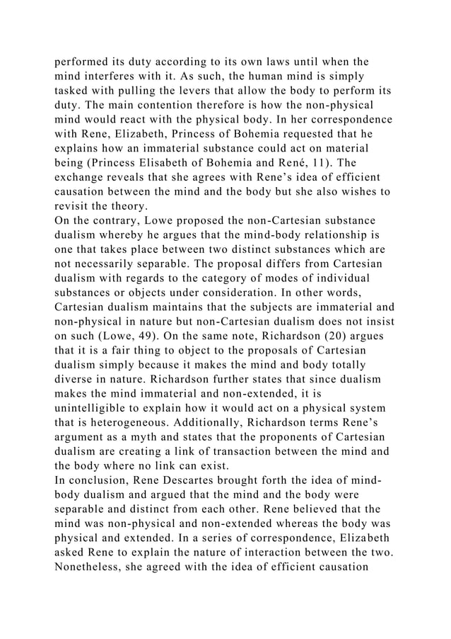 Abstract According to Rene Descartes, Cartesian Dualism implies .docx