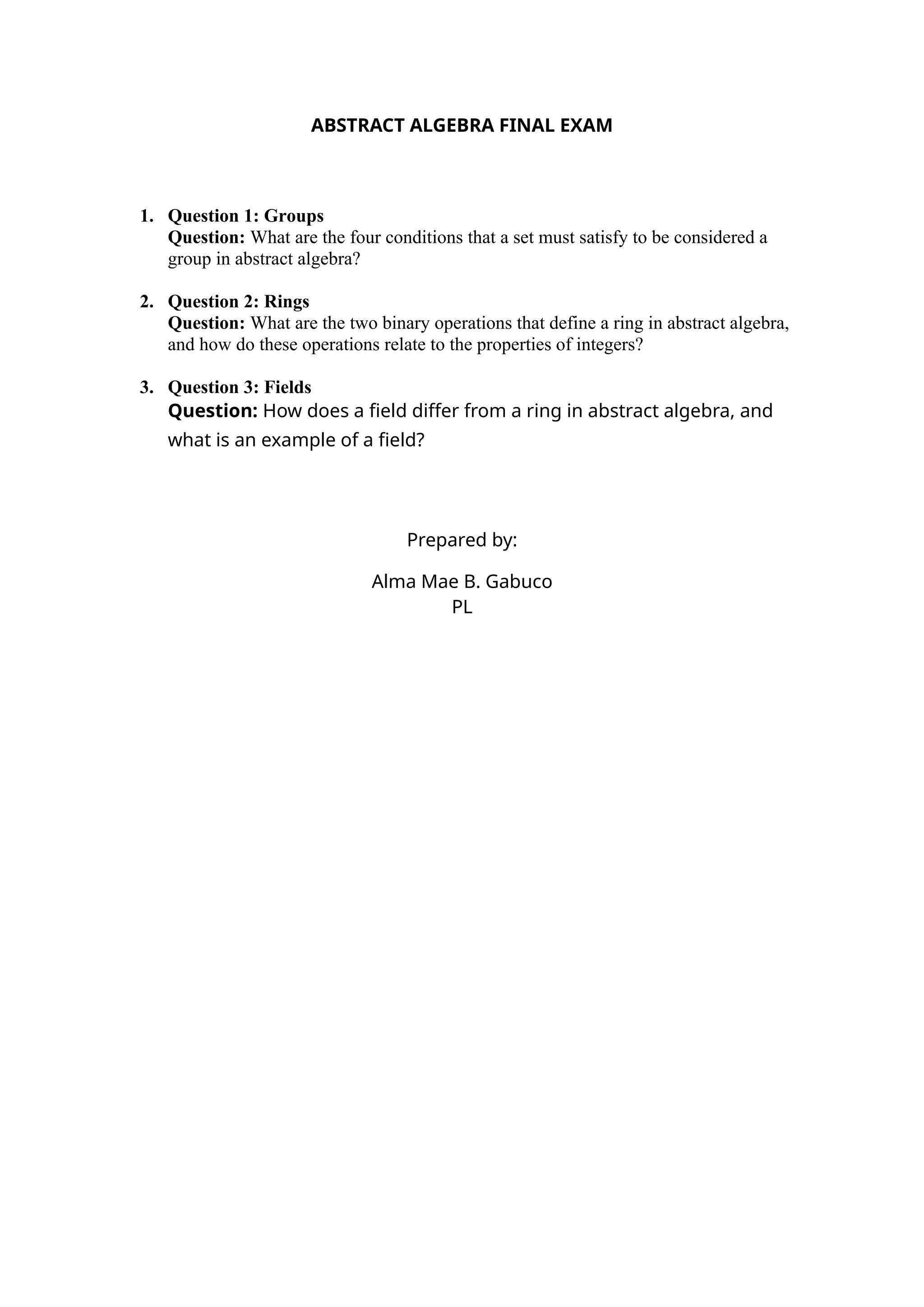 Sample Exam for Abstract Algebra Final Exam | DOCX