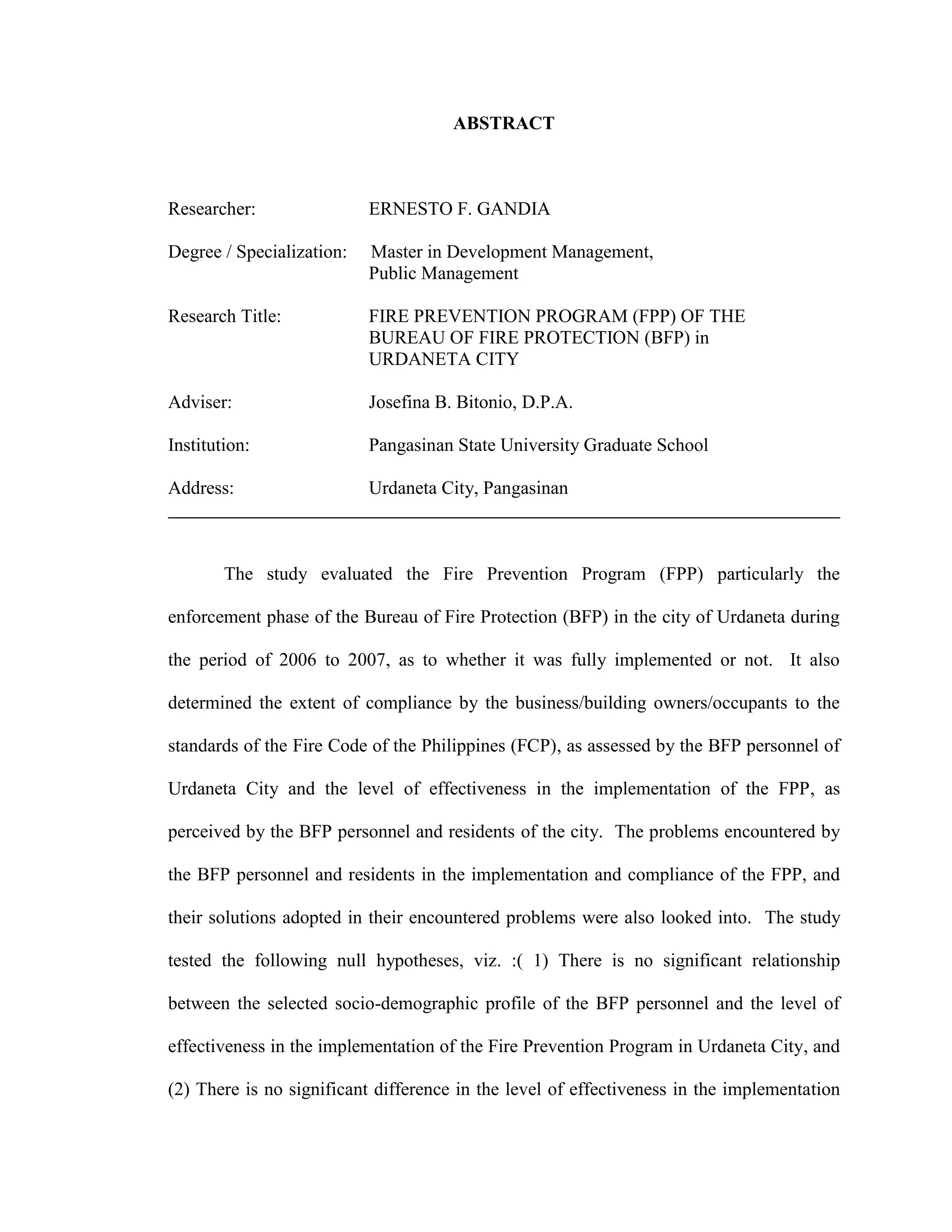 Fire Prevention Program (FPP) of the Bureau of Fire Protection (BFP) in ...