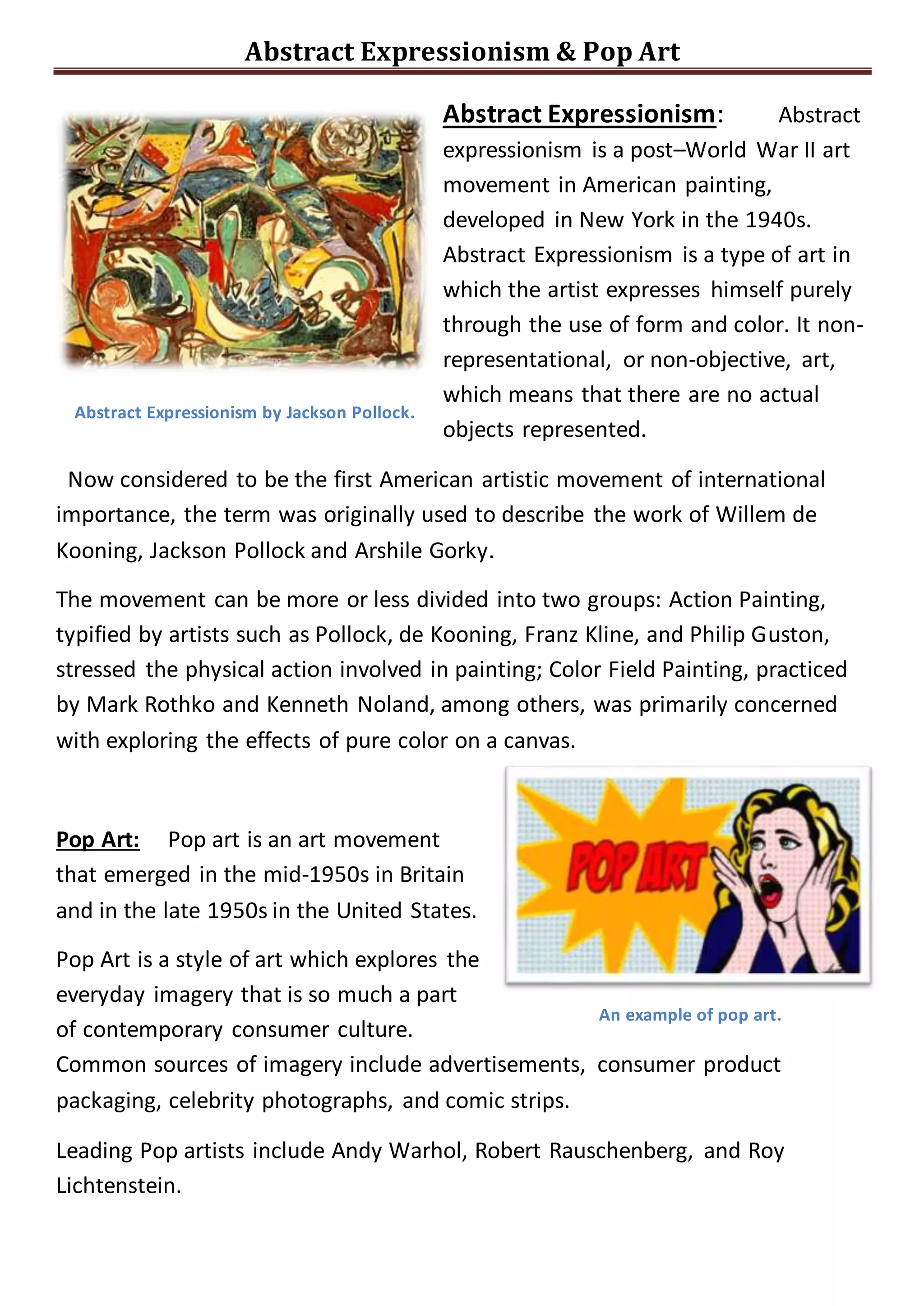 Abstract expressionism& pop art | DOCX