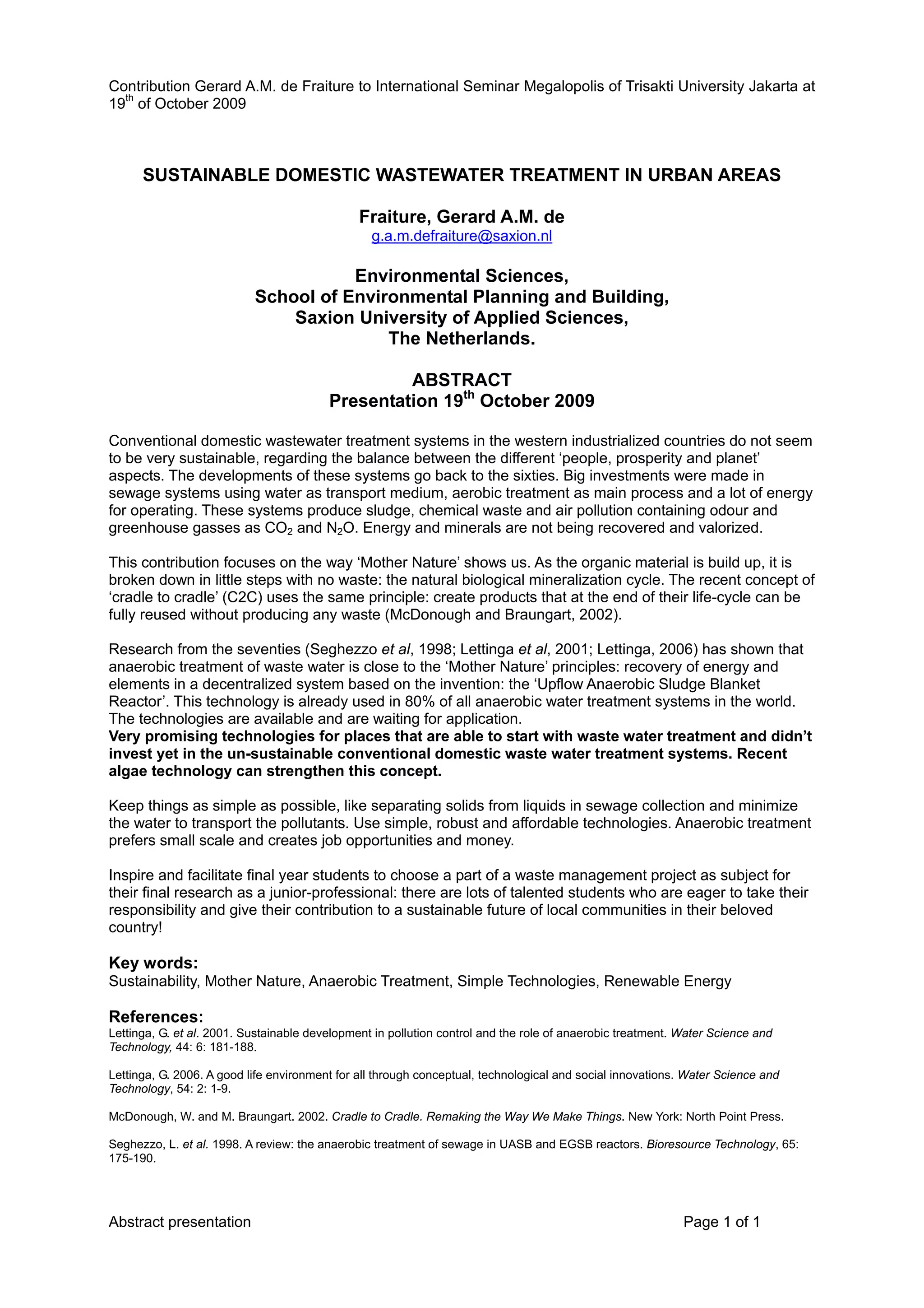 Sustainable domestic wastewater treatment in urban areas | PDF