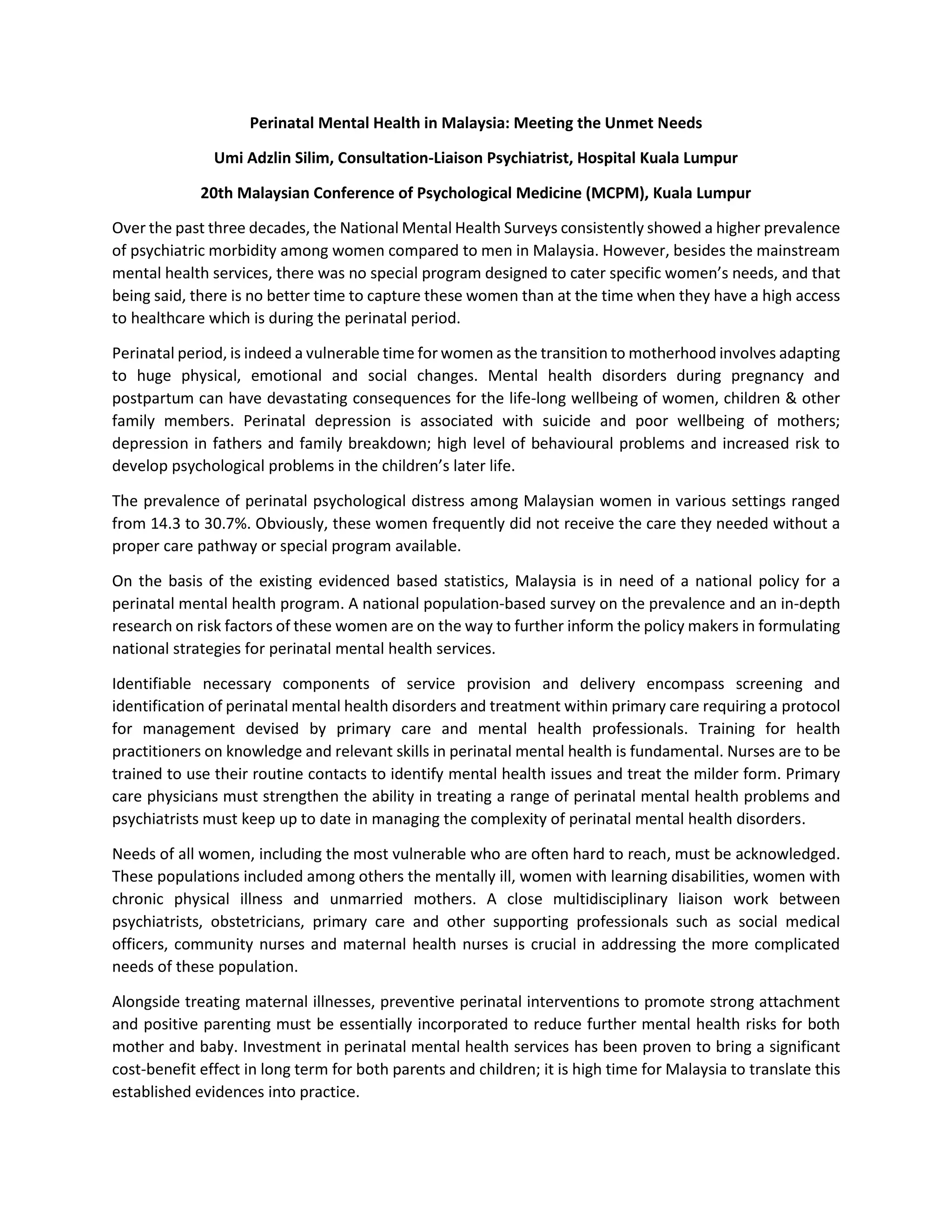 Perinatal Mental Health Services in Malaysia: Meeting the Unmet Needs | PDF