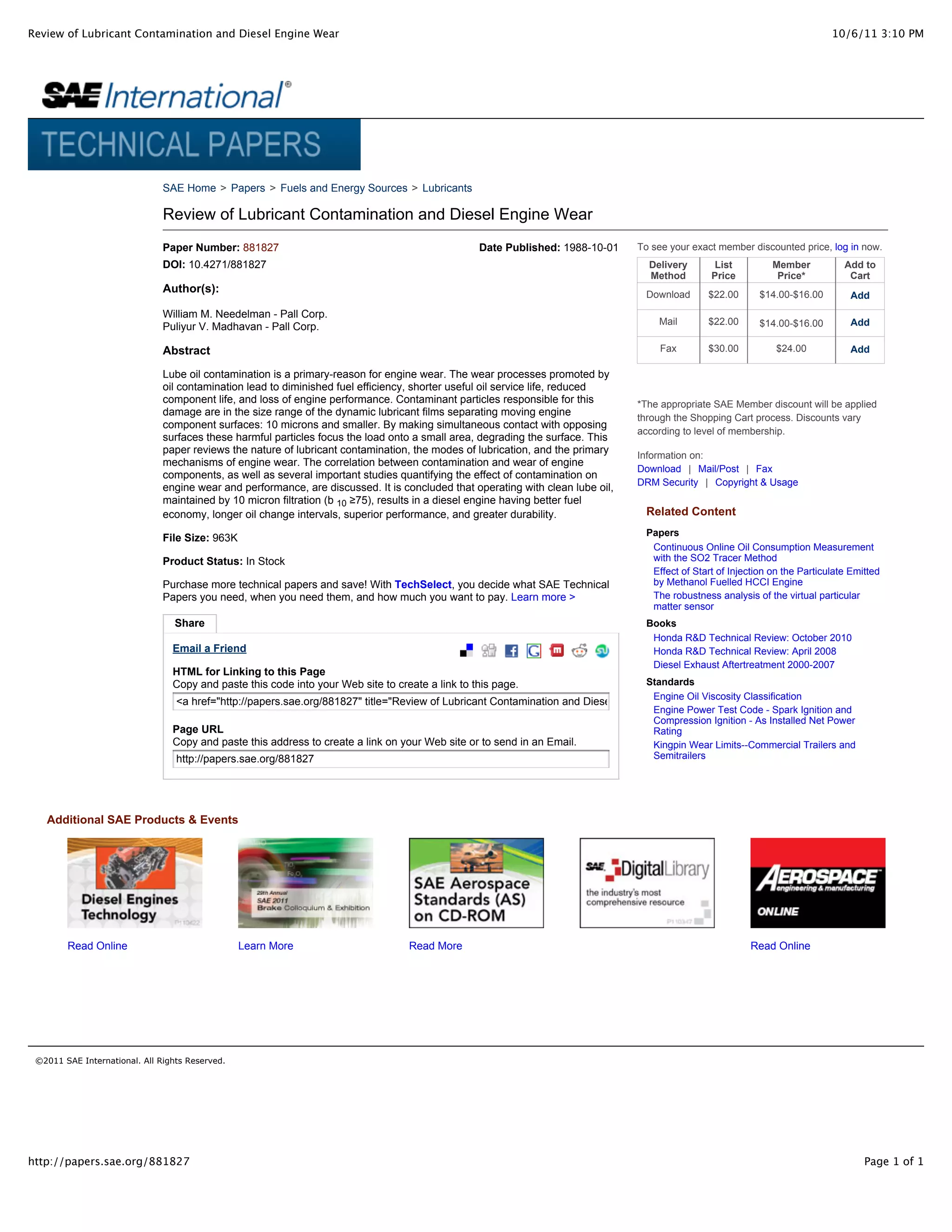 Abstract review of lubricant contamination and diesel engine wear | PDF