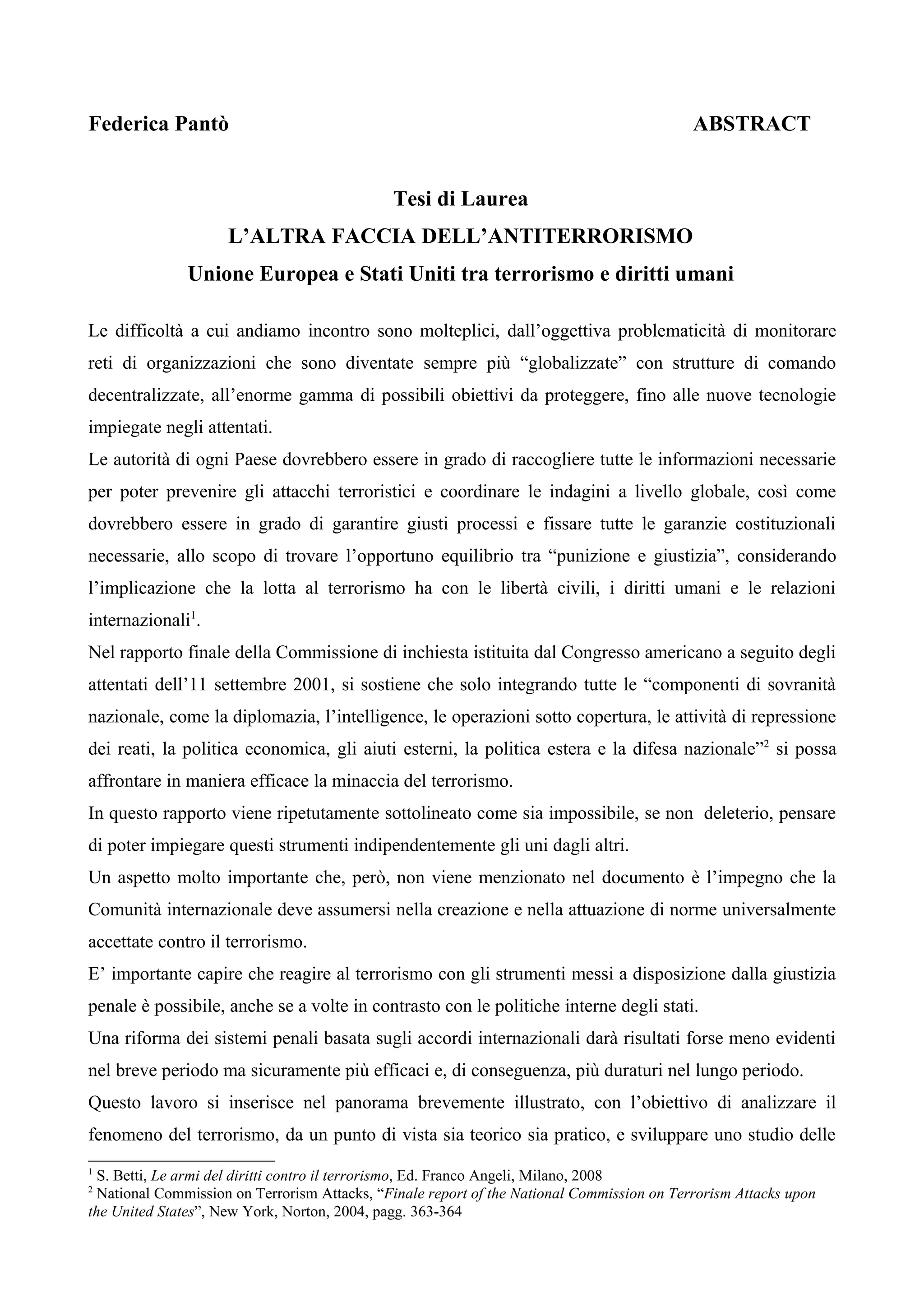 Abstract Tesi "L'altra faccia dell'antiterrorismo" | PDF