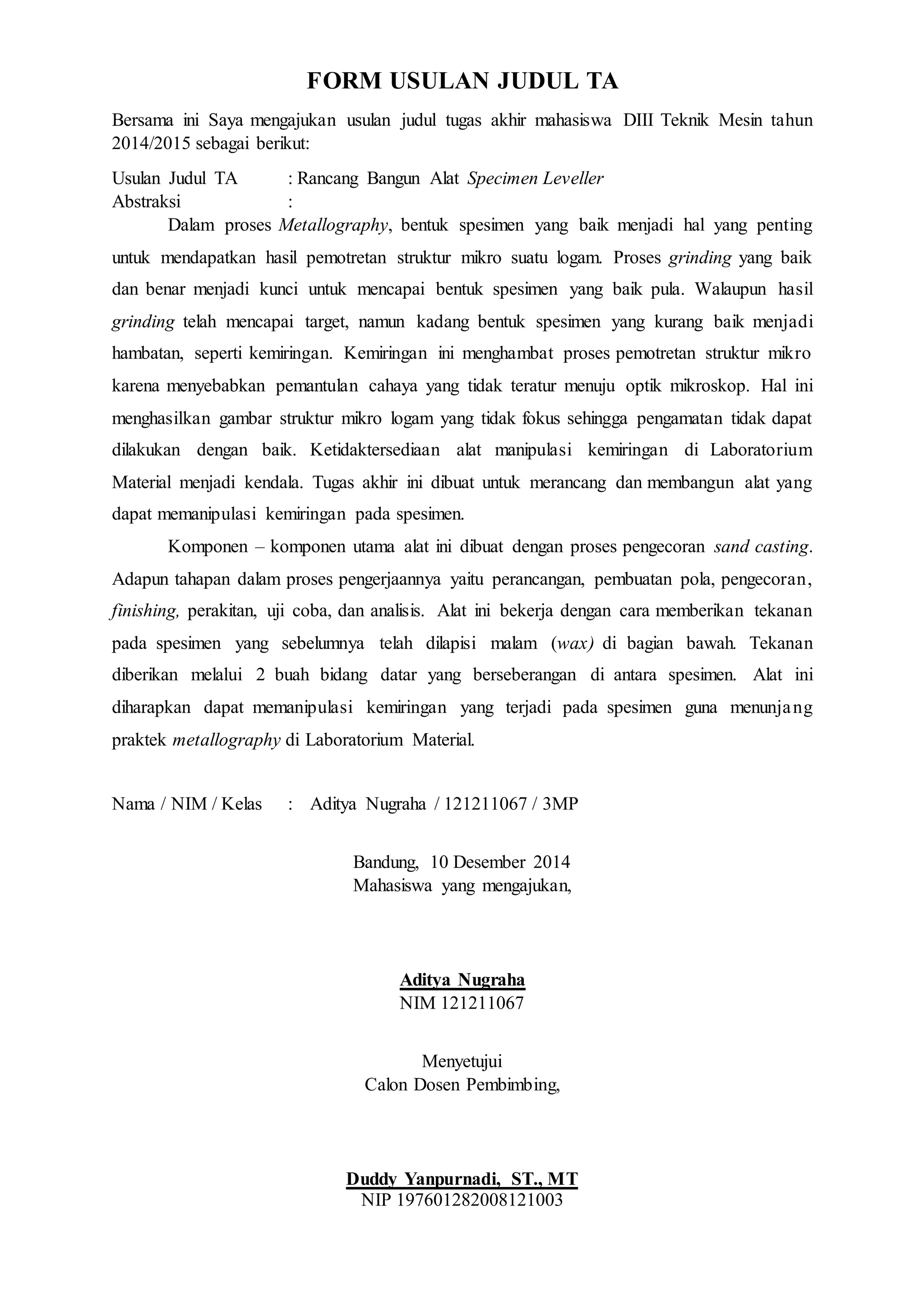 Contoh Abstrak Tugas Akhir Teknik Mesin | DOCX