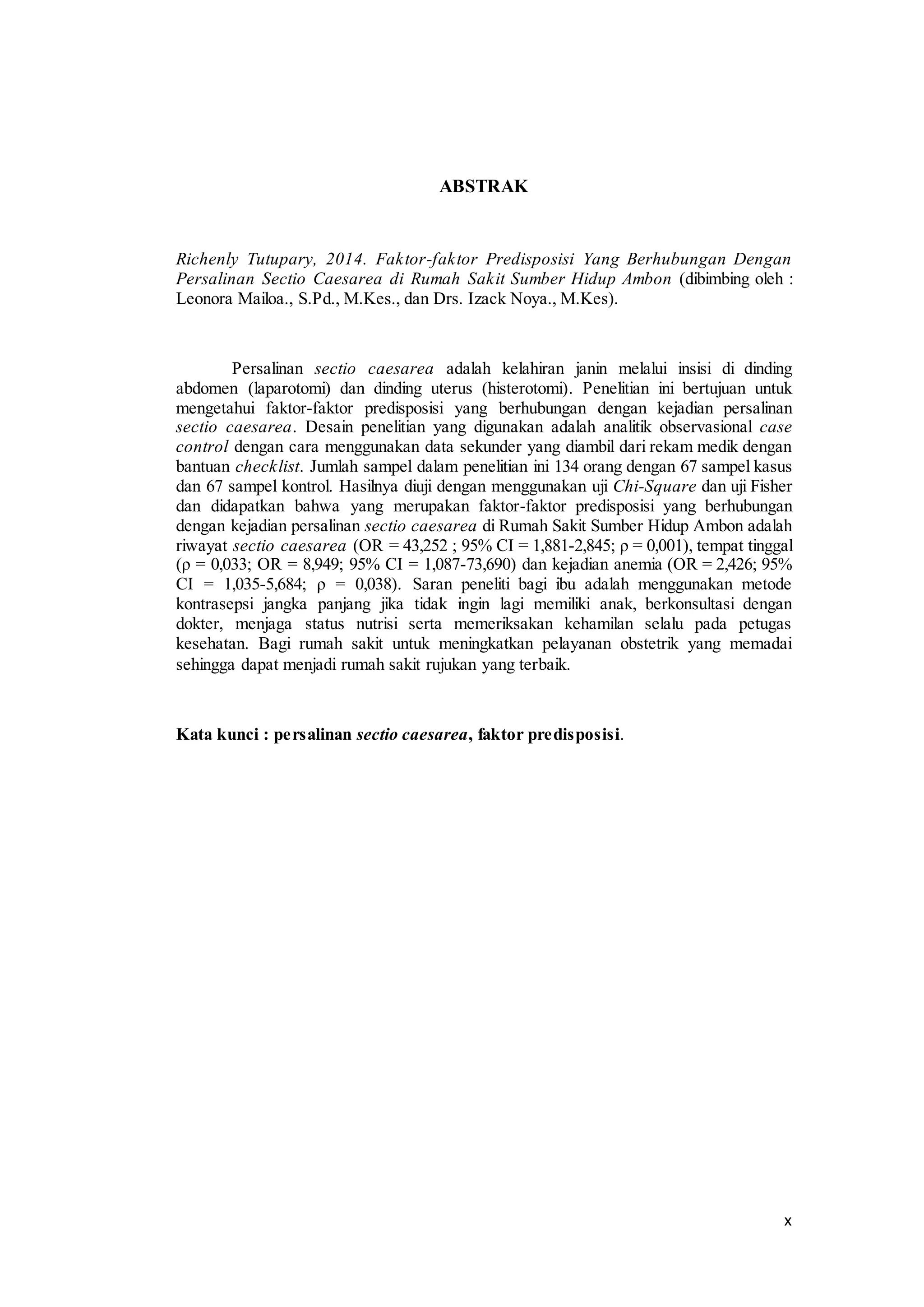 Faktor-faktor Predisposisi yang berhubungan dengan Persalinan Sectio Caesarea di Rumah Sakit ...