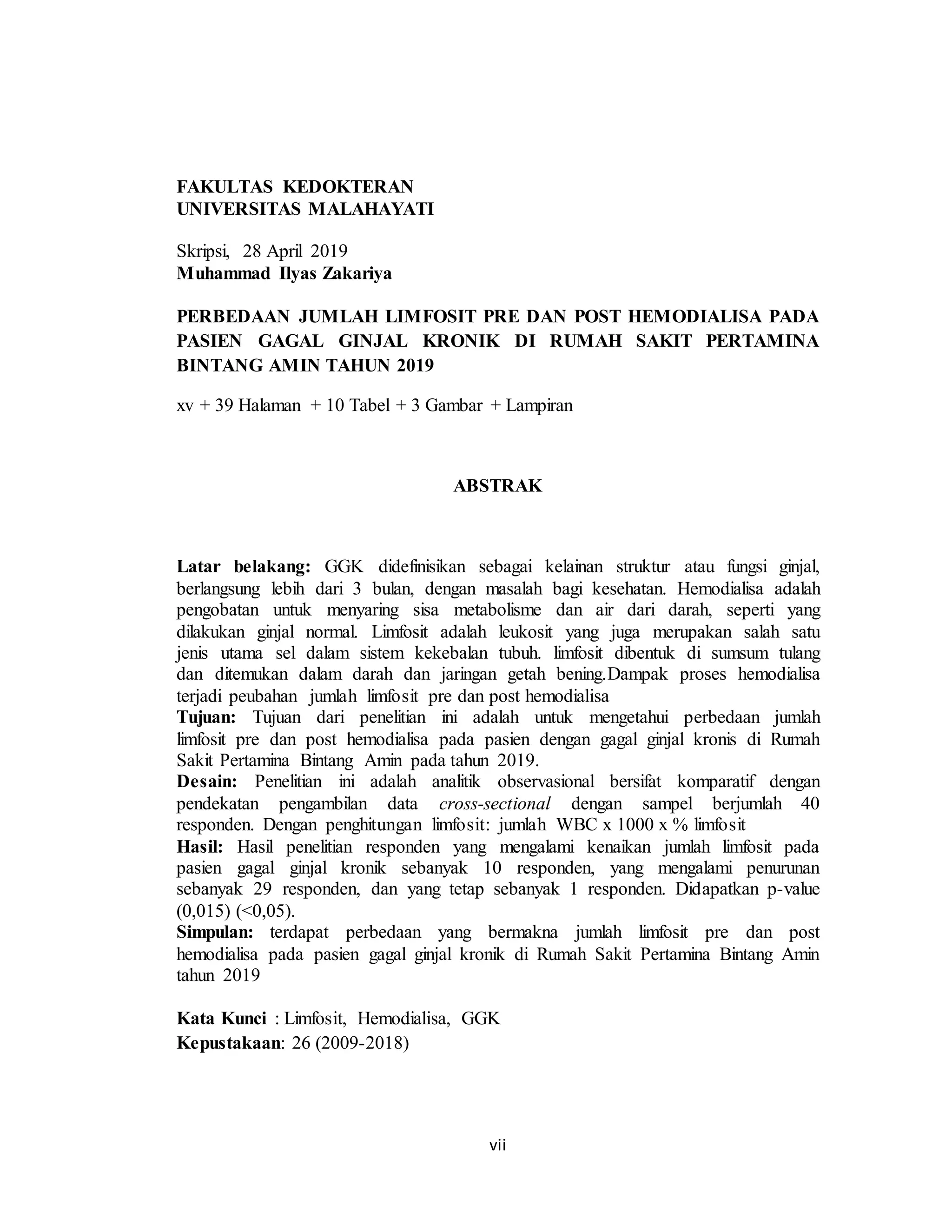 Abstrak PERBEDAAN JUMLAH LIMFOSIT PRE DAN POST HEMODIALISA | DOCX