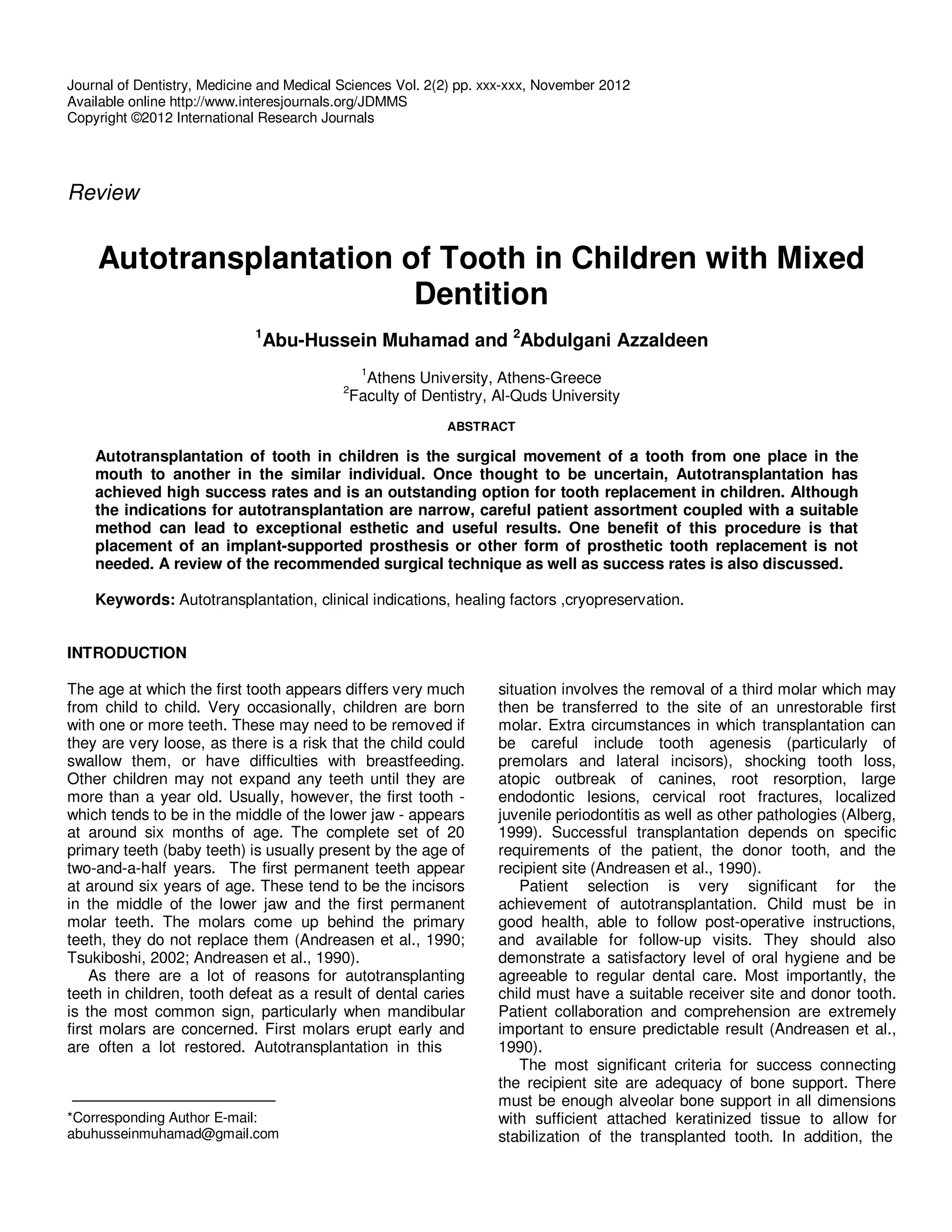 AUTOTRANSPLANTATION OF TEETH IN CHILDREN | PDF