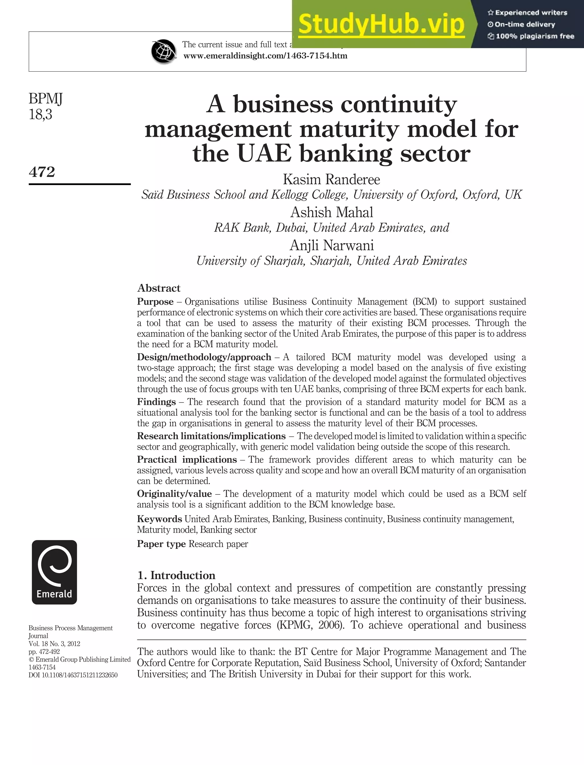 A Business Continuity Management Maturity Model For The UAE Banking Sector | PDF