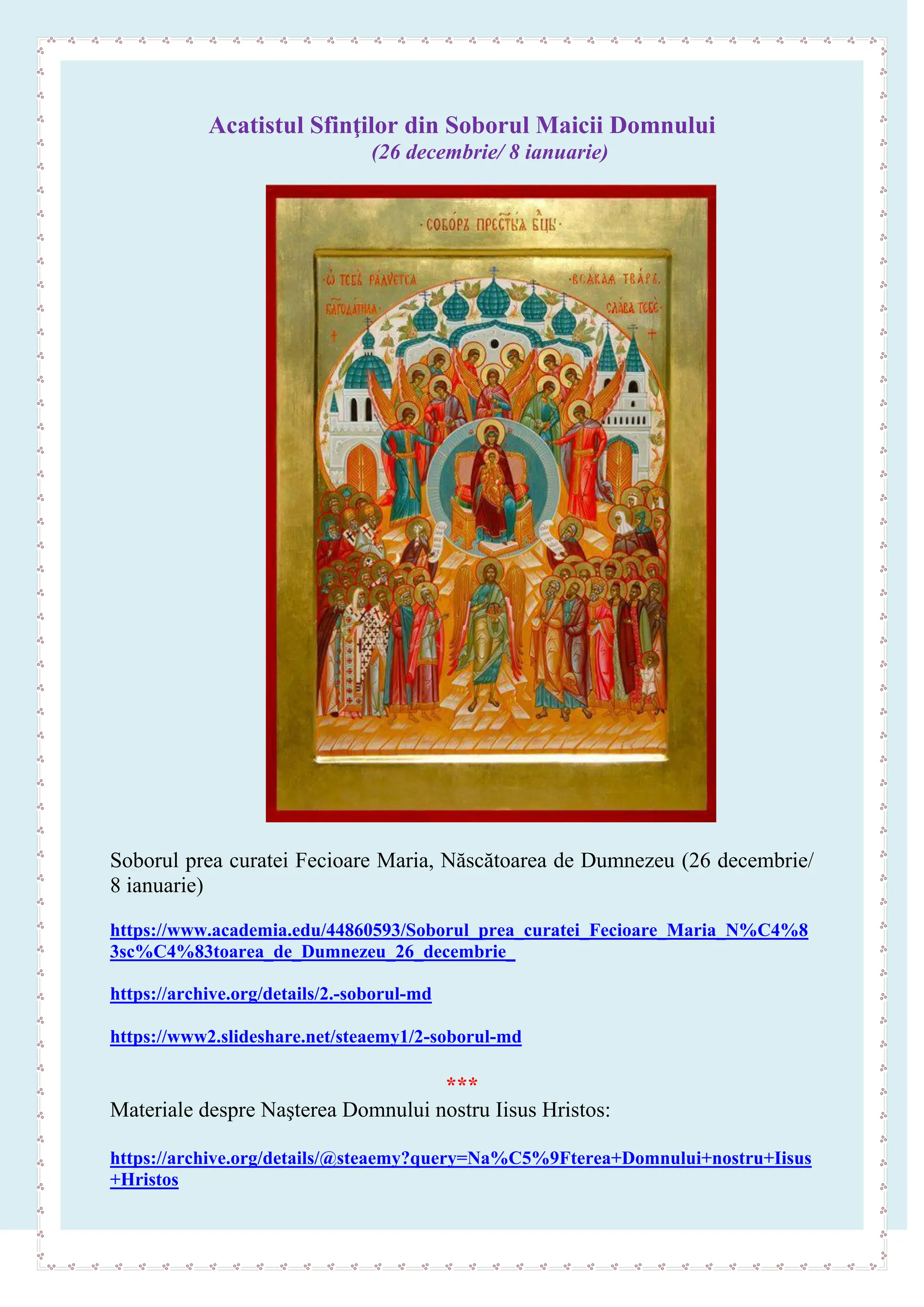Acatistul Sfinţilor din Soborul Maicii Domnului (26 decembrie/ 8 ...