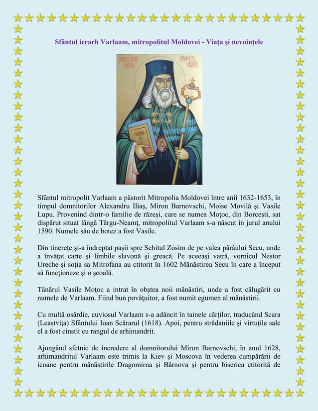 Acatistul Sfântului ierarh Varlaam, mitropolitul Moldovei (30 august) | PDF
