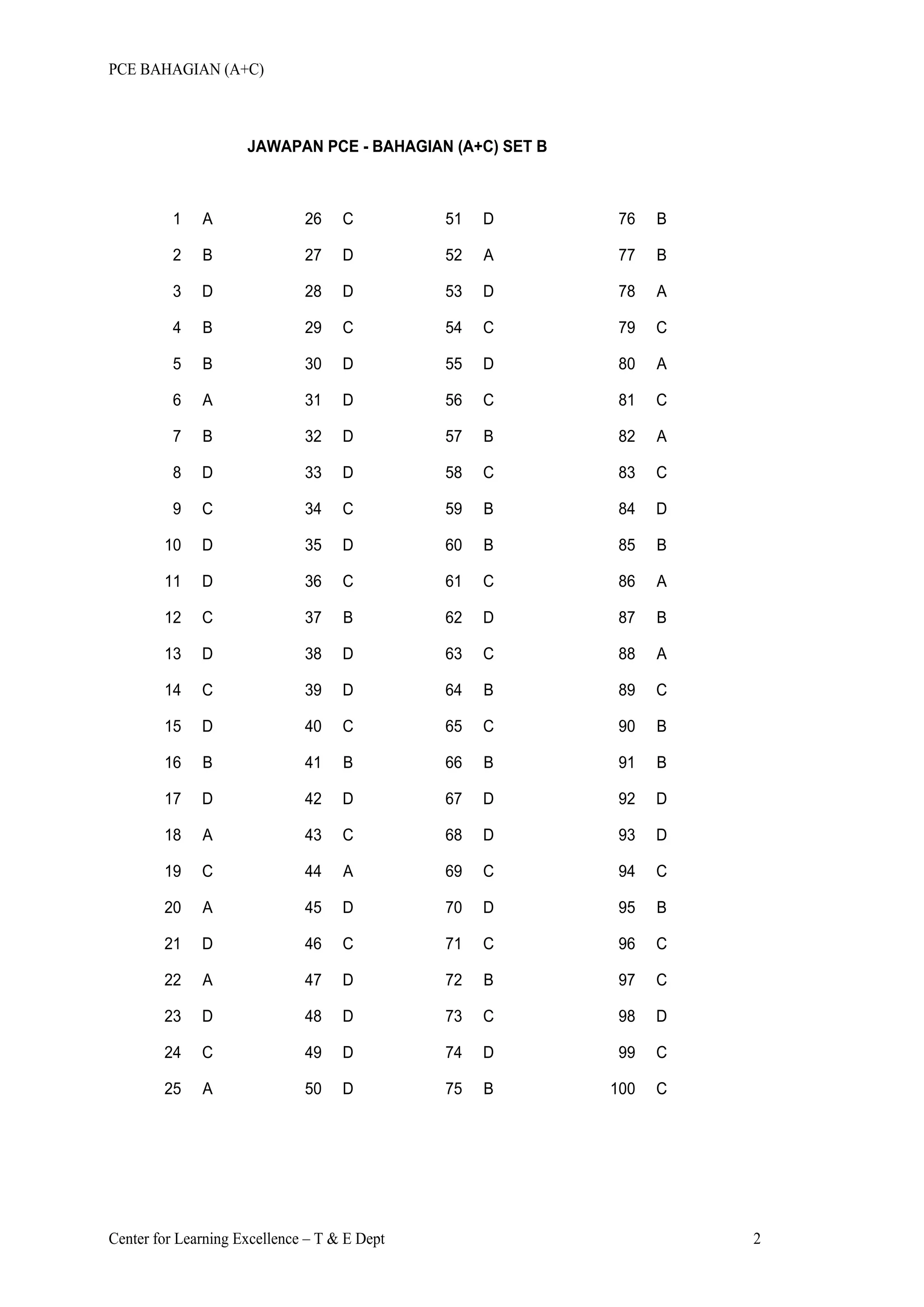 Part A dan Part C PCE Bahasa Malaysia Set B (Jawapan) | PDF