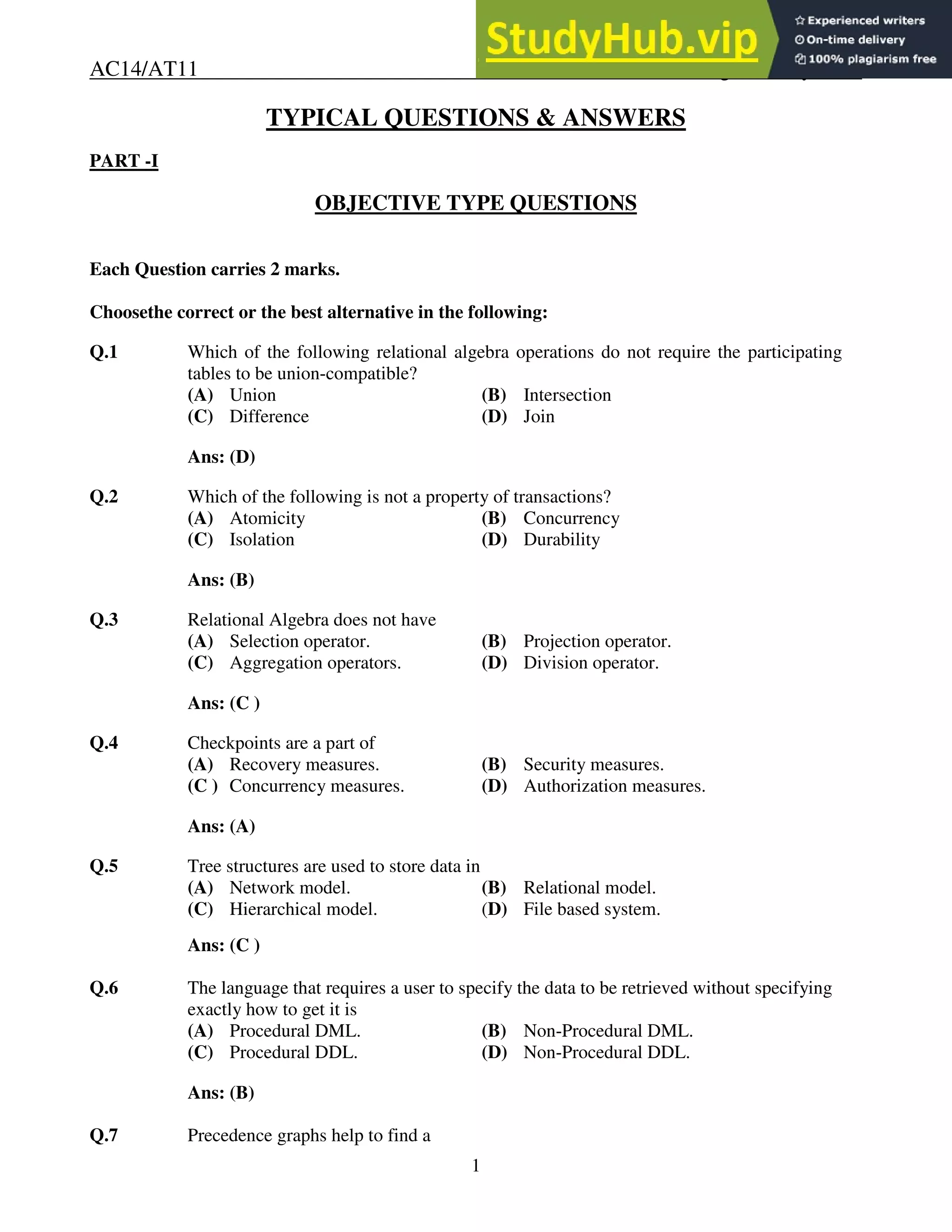 AC14 AT11 Database Management Systems OBJECTIVE TYPE QUESTIONS | PDF