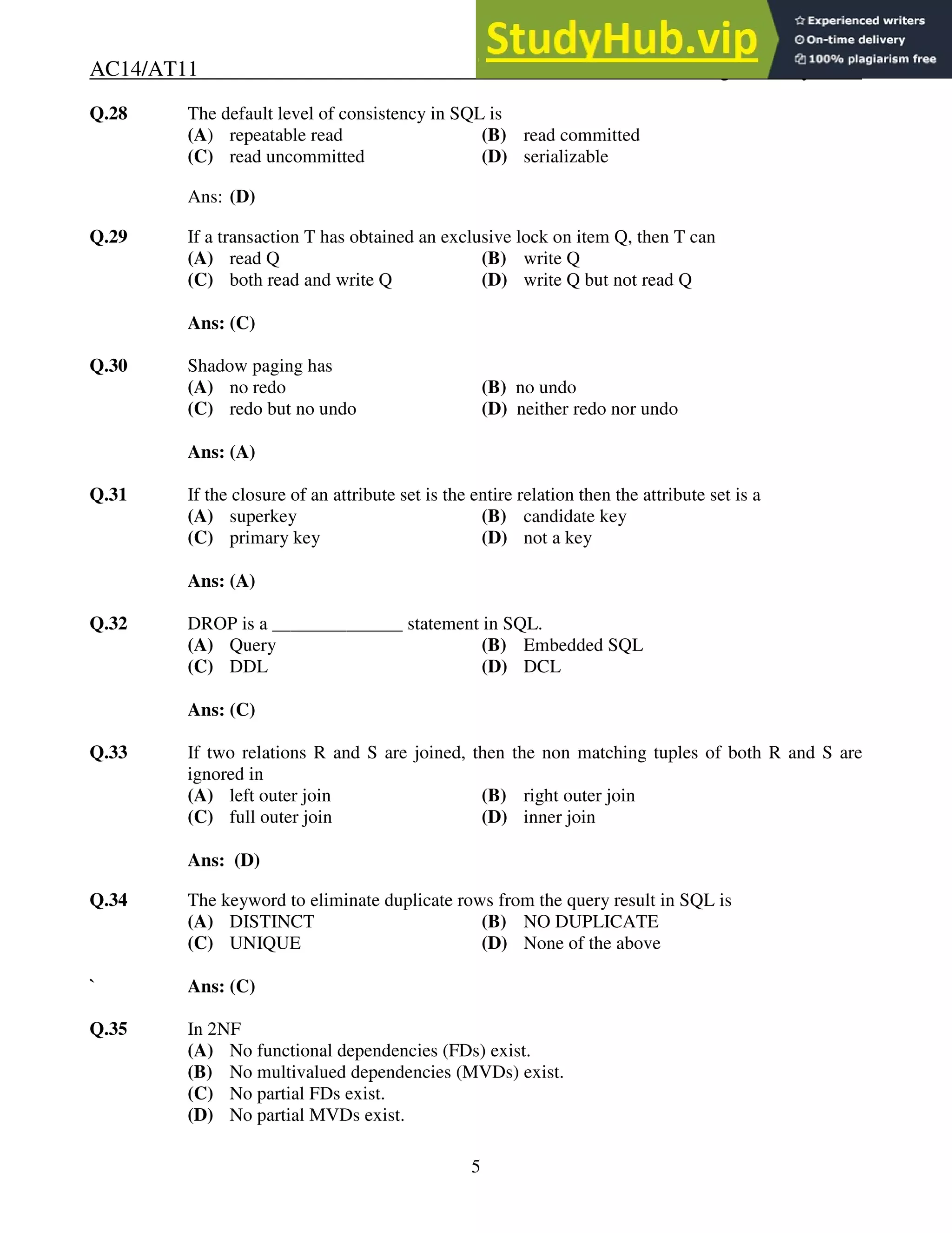 AC14 AT11 Database Management Systems OBJECTIVE TYPE QUESTIONS | PDF
