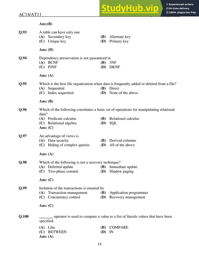 AC14 AT11 Database Management Systems OBJECTIVE TYPE QUESTIONS | PDF