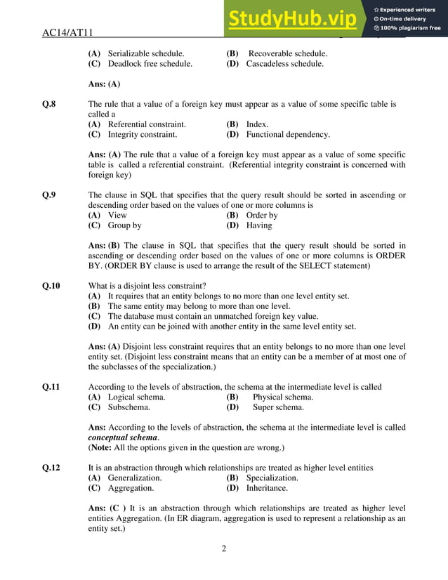 AC14 AT11 Database Management Systems OBJECTIVE TYPE QUESTIONS | PDF