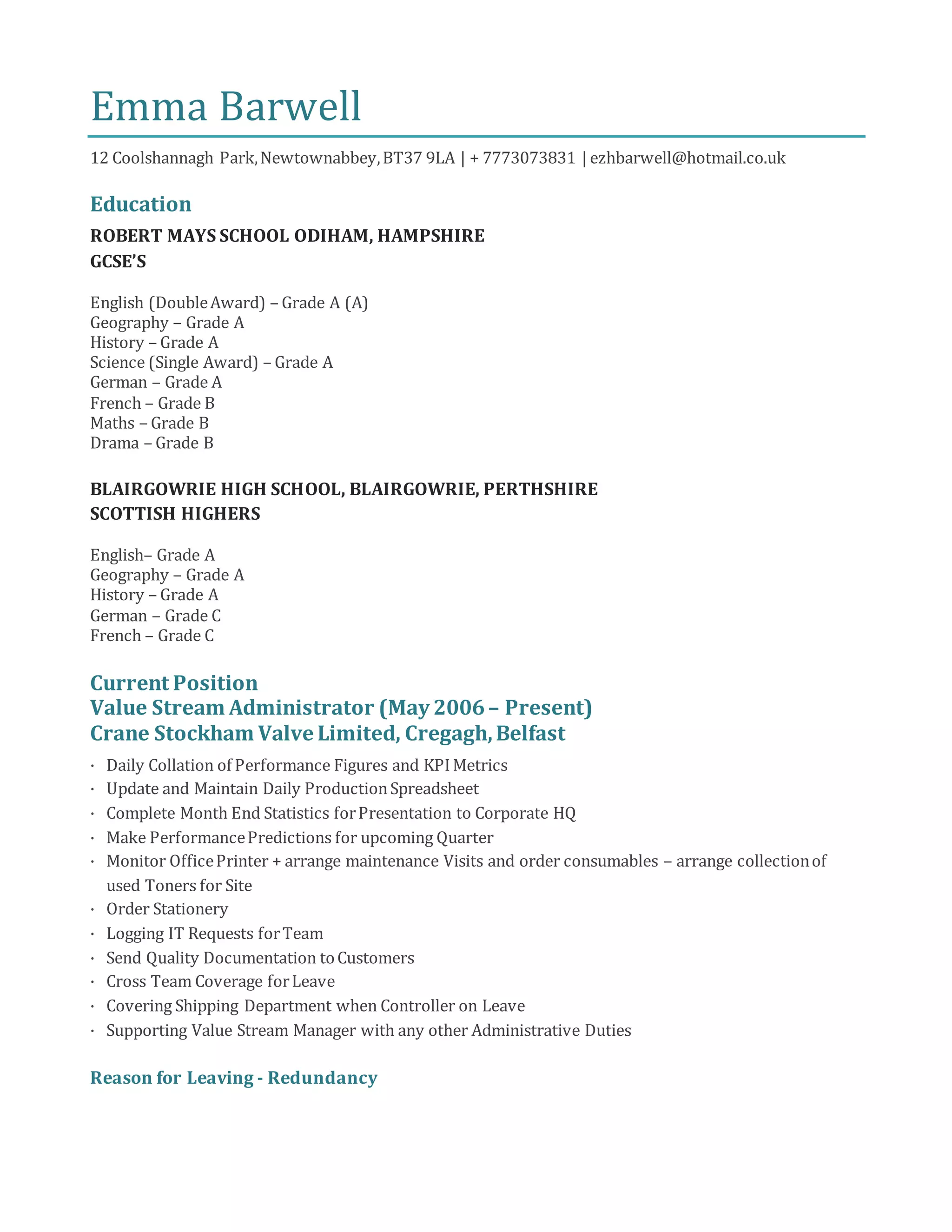 Curriculum Vitae - Emma Barwell | DOCX