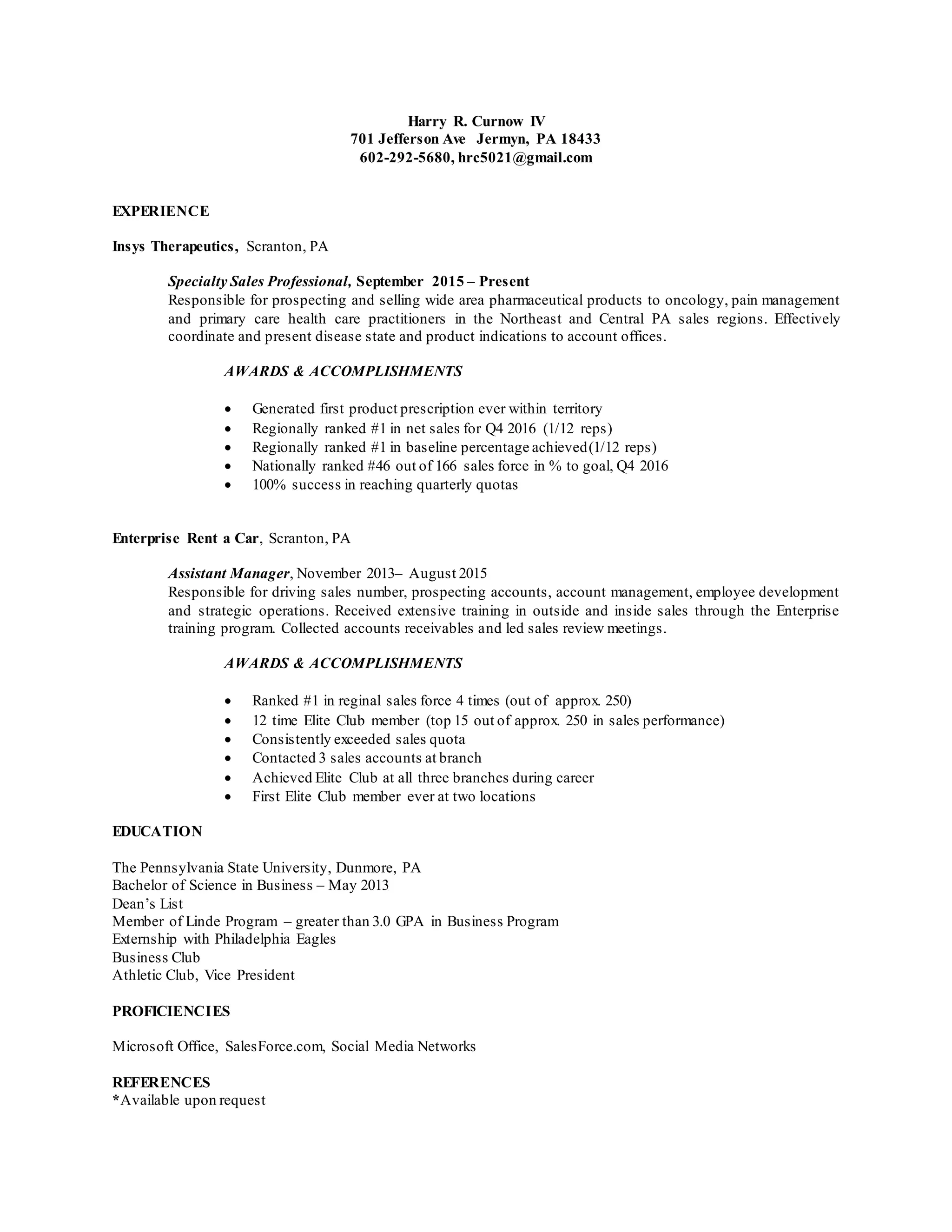 Harry Curnow Sales Resume | DOCX