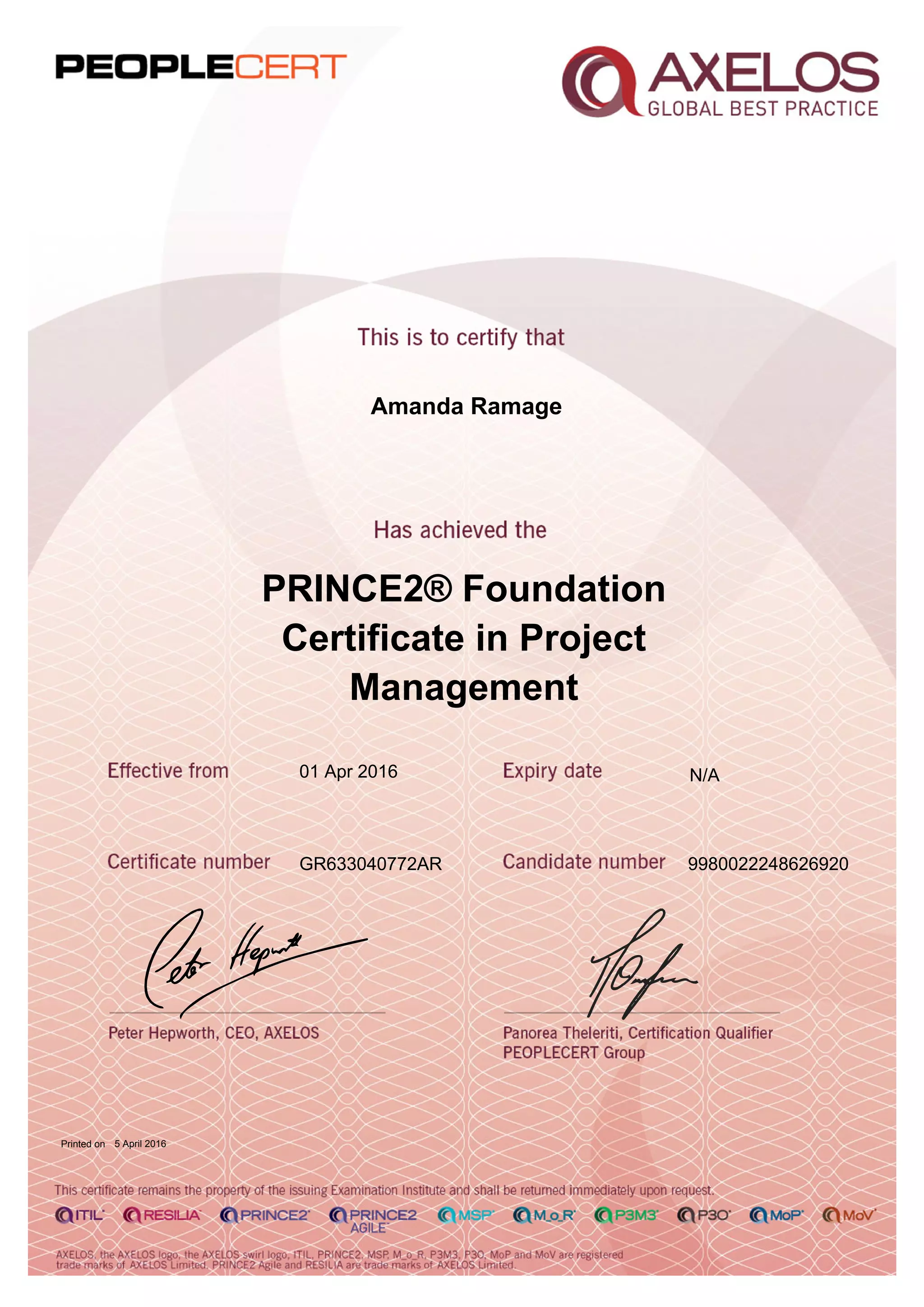 PRINCE 2 Certificate Amanda Ramage | PDF