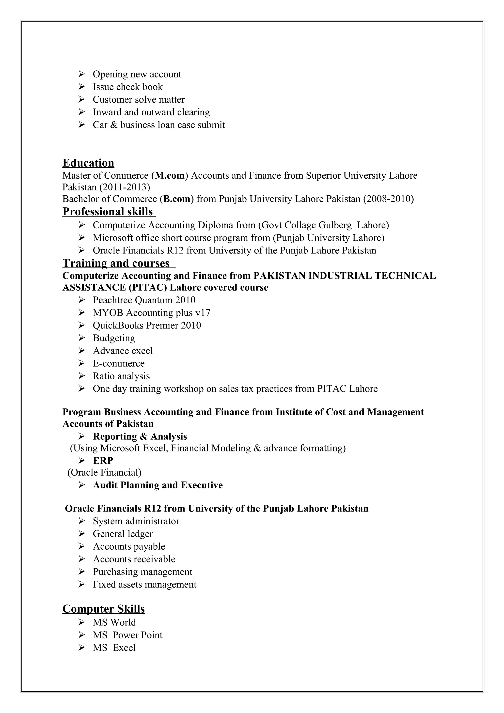 Mashallah cv | DOC | Business Accounting & Finance | Business