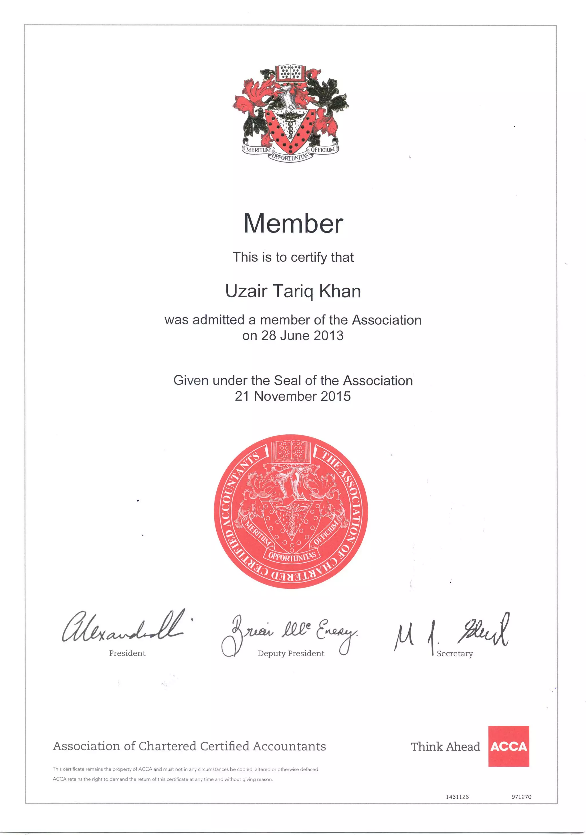 ACCA Membership Certificate - Uzair Tariq Khan | PDF