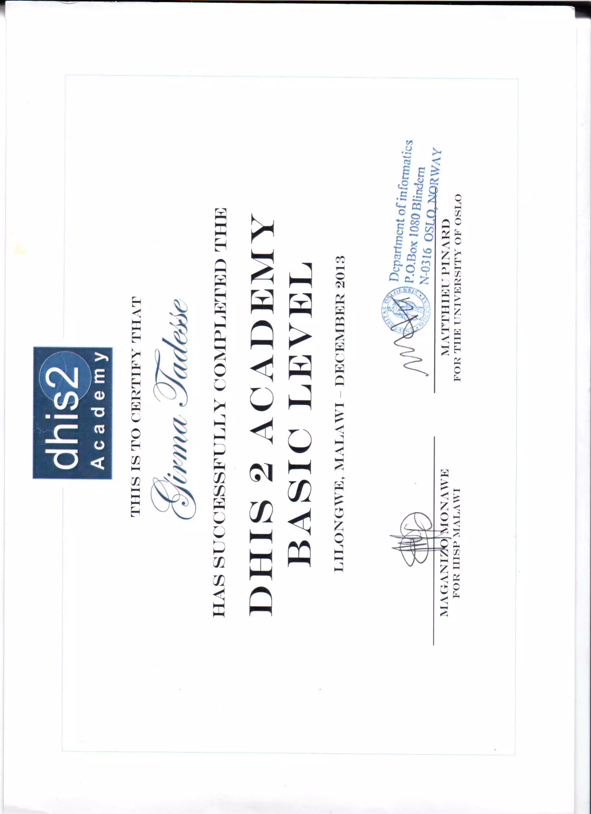 BSC and DHIS 2 Certificate | PDF
