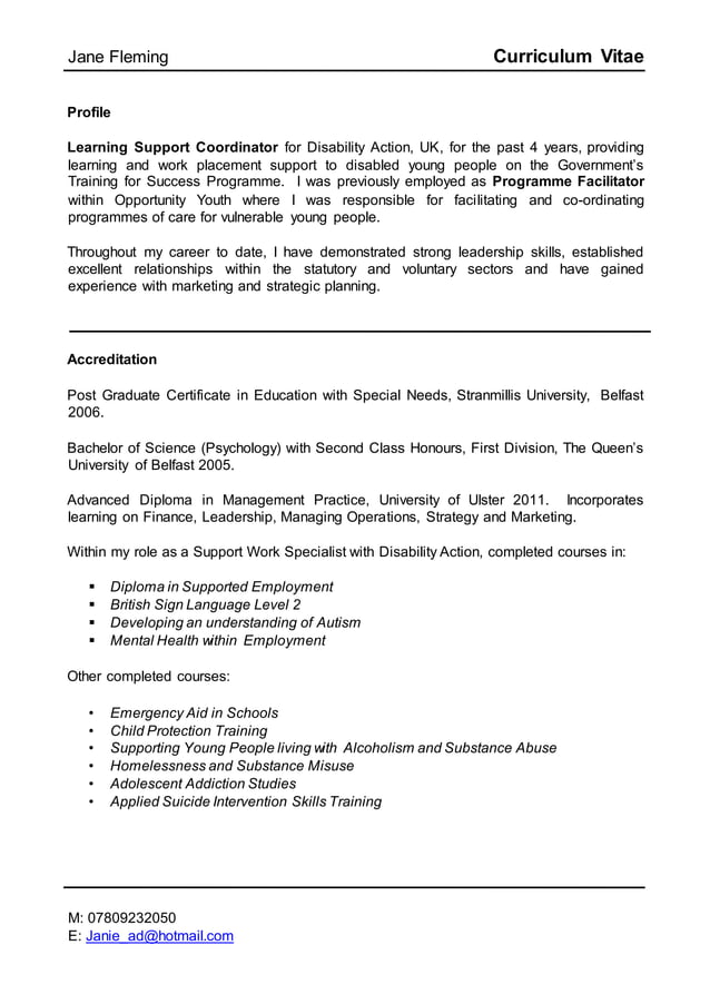 Jane CV Learning Support Coordinator | DOCX