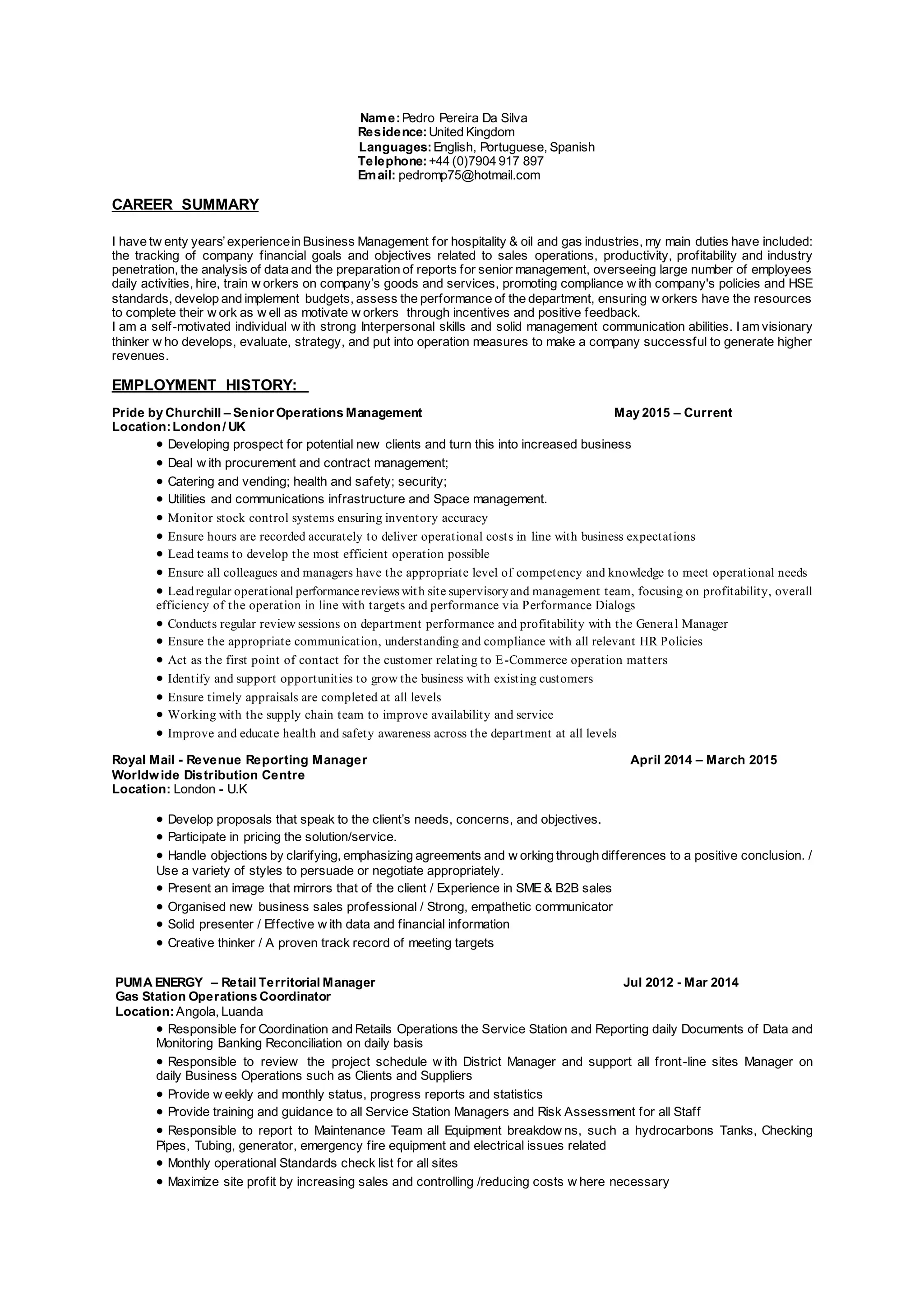 Pedro Da Silva CV Dec 2016 | DOCX