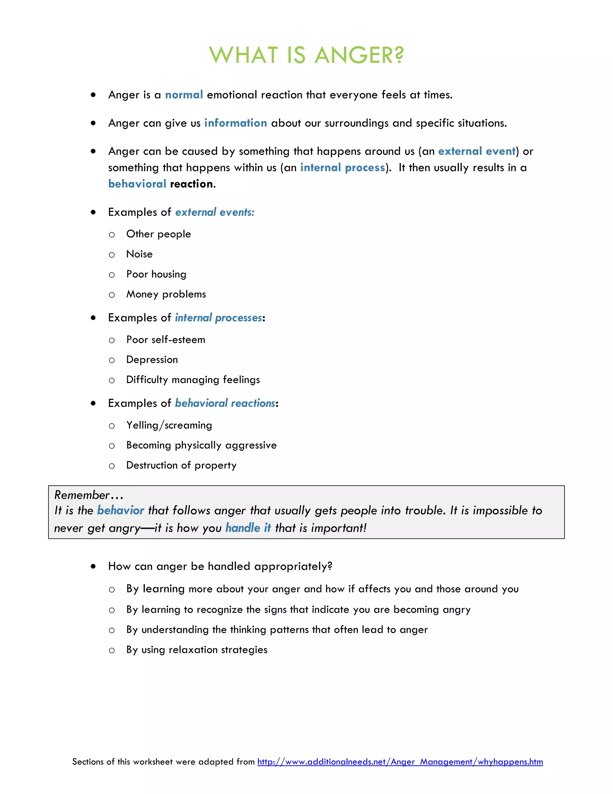 Anger Management Group Therapy: Handouts and Worksheets | PDF