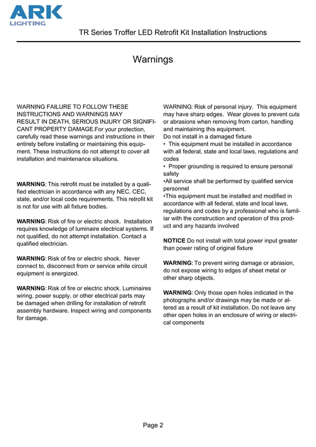 LED troffer retrofit kit install instructions-ARK Lighting | PDF