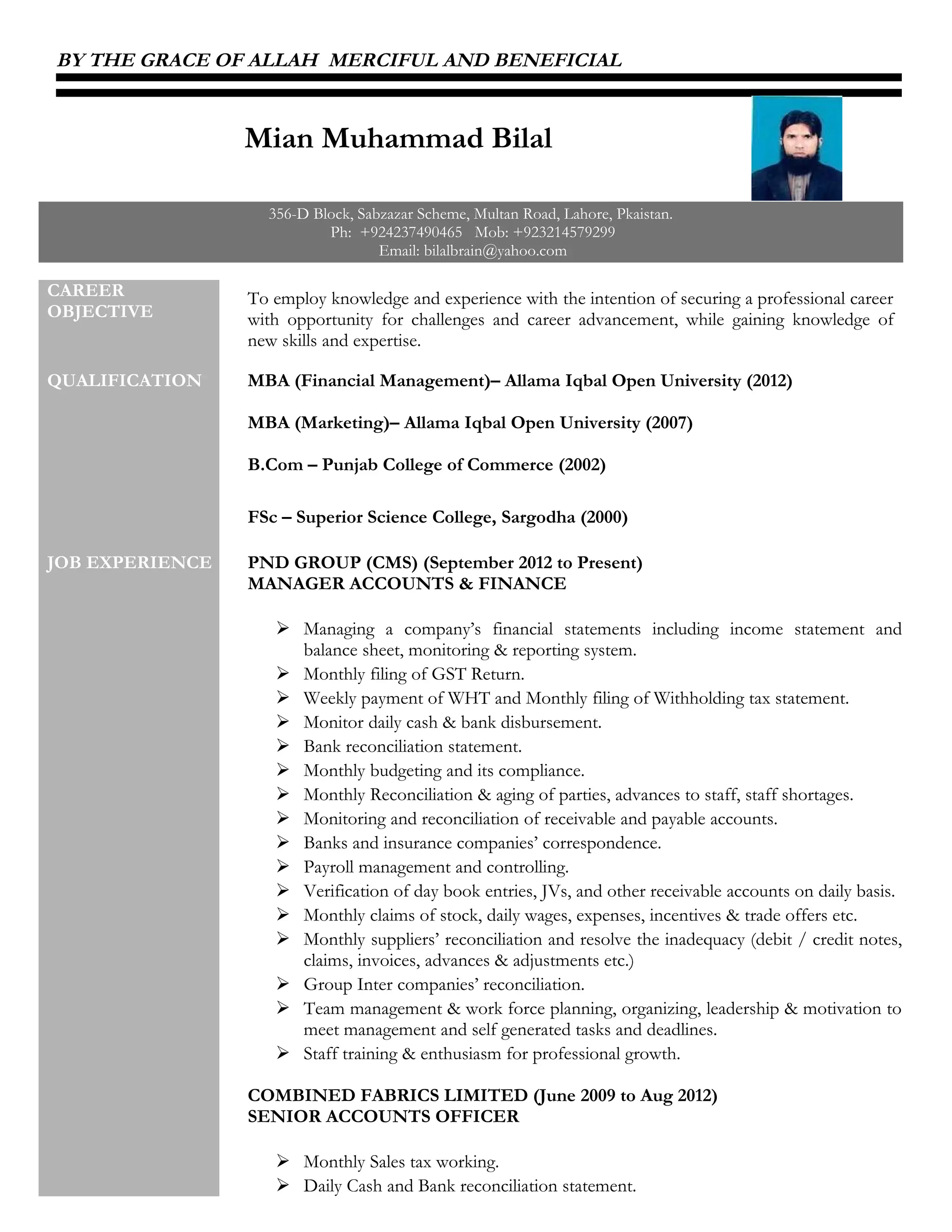 Muhammad Bilal's CV Updated | DOC | Business Accounting & Finance | Business