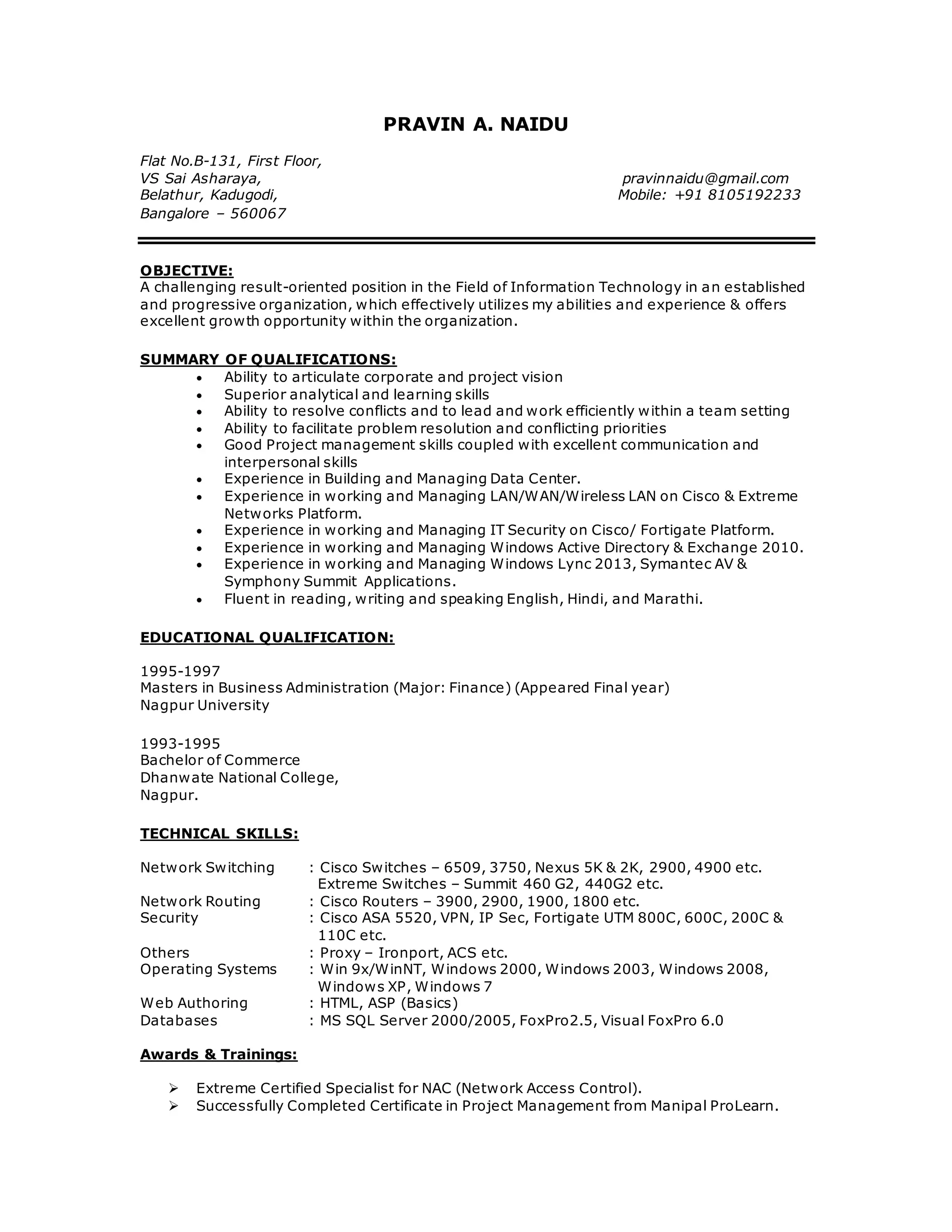Pravin Naidu CV | DOCX | Computer Networking | Computing