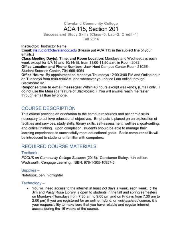 Aca 115 syllabus example for website fall 2016 | PDF