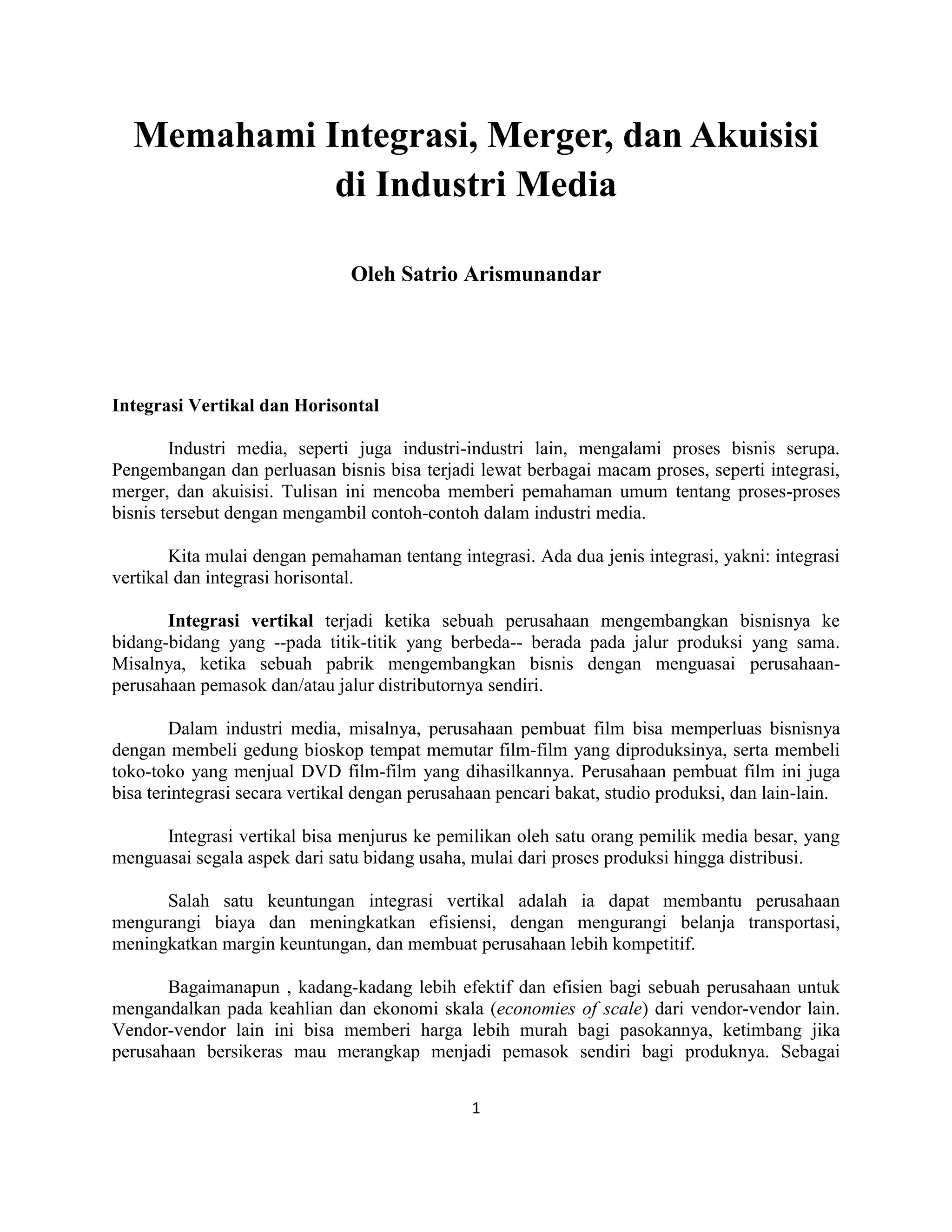 Memahami Integrasi, Merger, dan Akuisisi di Industri Media | PDF
