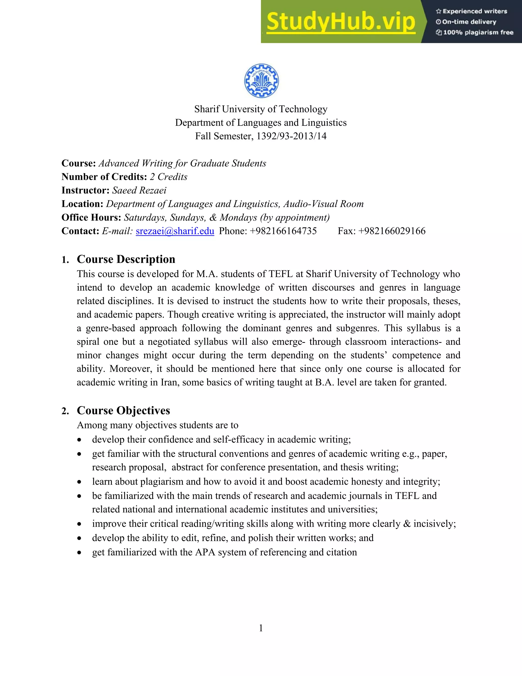 Academic Advanced Writing For Graduate Students Of TEFL Applied ...