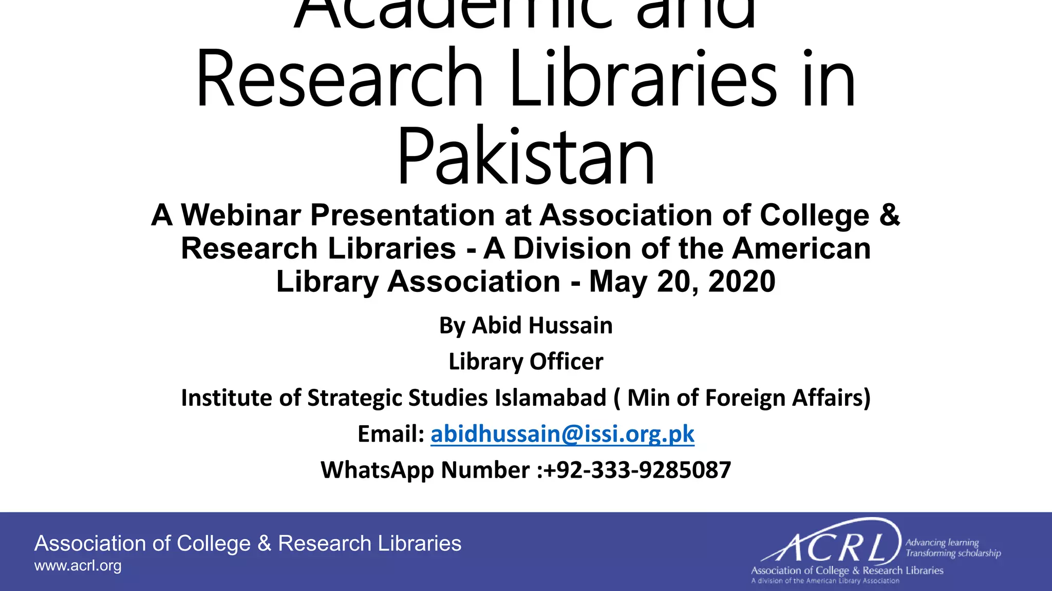 Academic and research libraries in pakistan by Abid Hussain Library ...